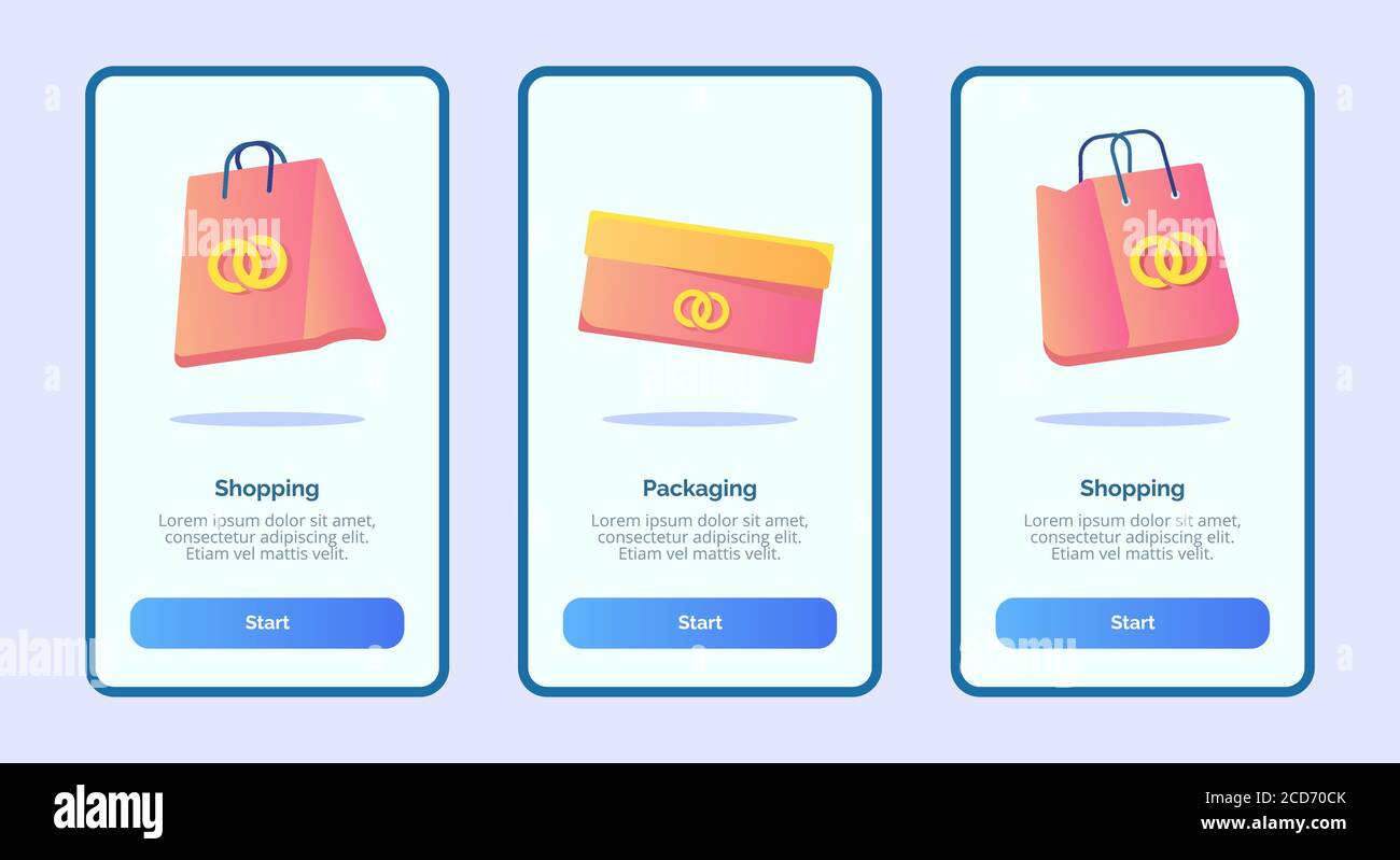 Shopping packaging for mobile apps template banner page UI with three ...