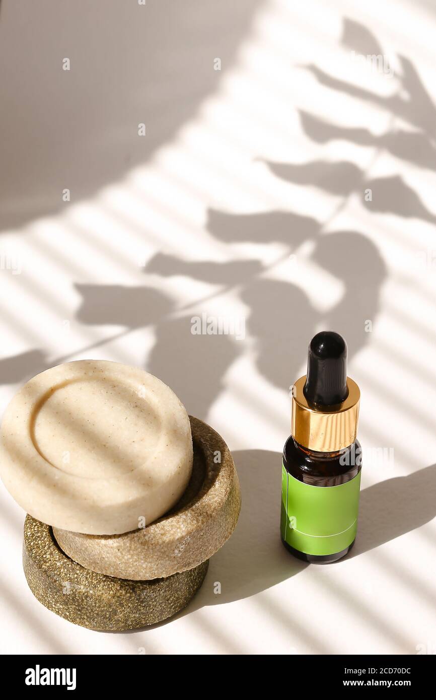 Pipette bottle with green space for brand and solid bars of soap Stock ...