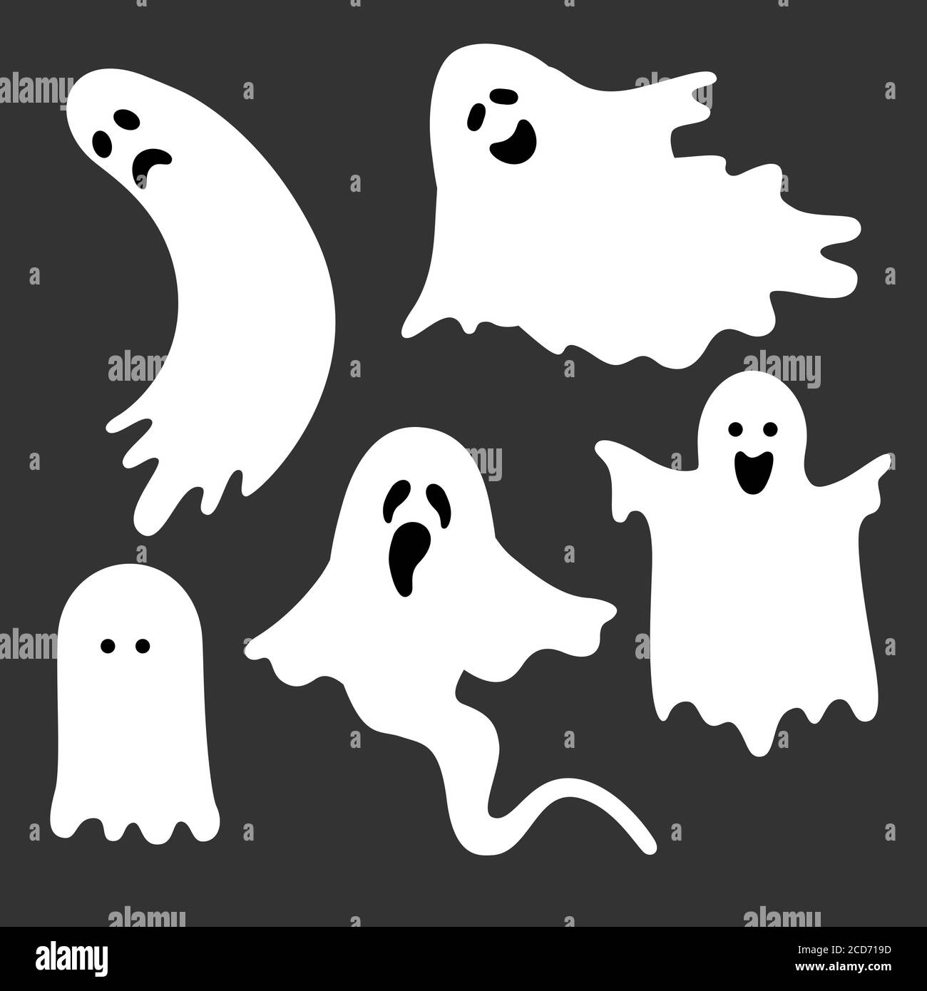 Flat illustration with white ghosts on black background for decoration ...