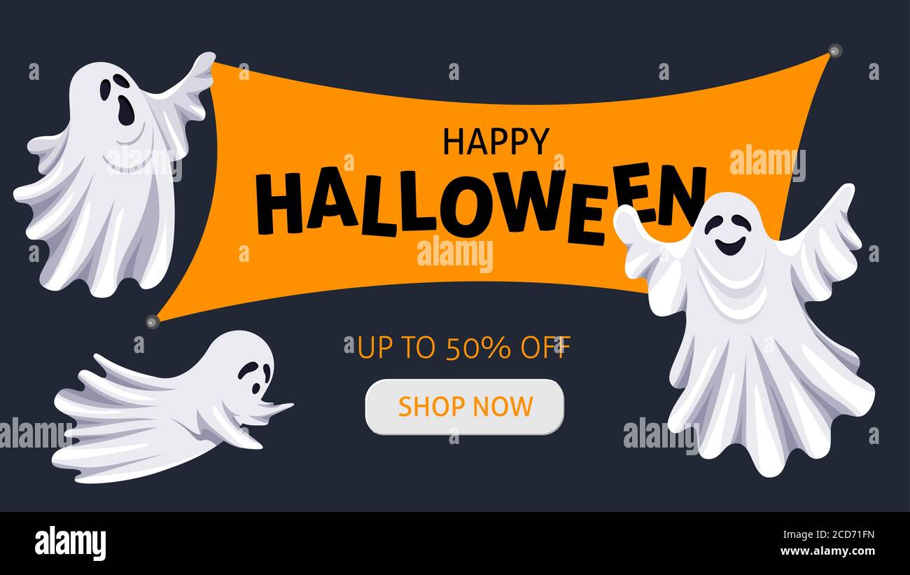 Flat illustration with ghosts on dark background for banner design ...