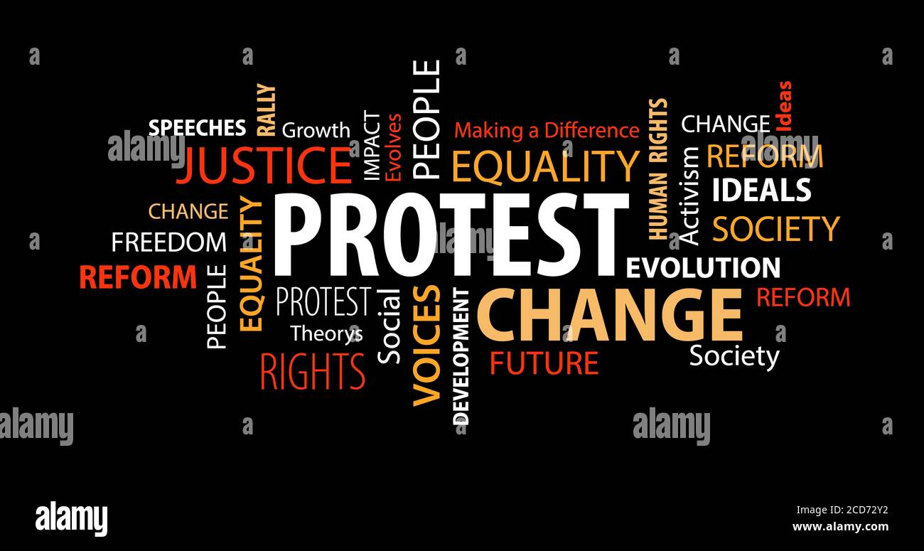 Illustration of words related to protests in different sizes isolated ...