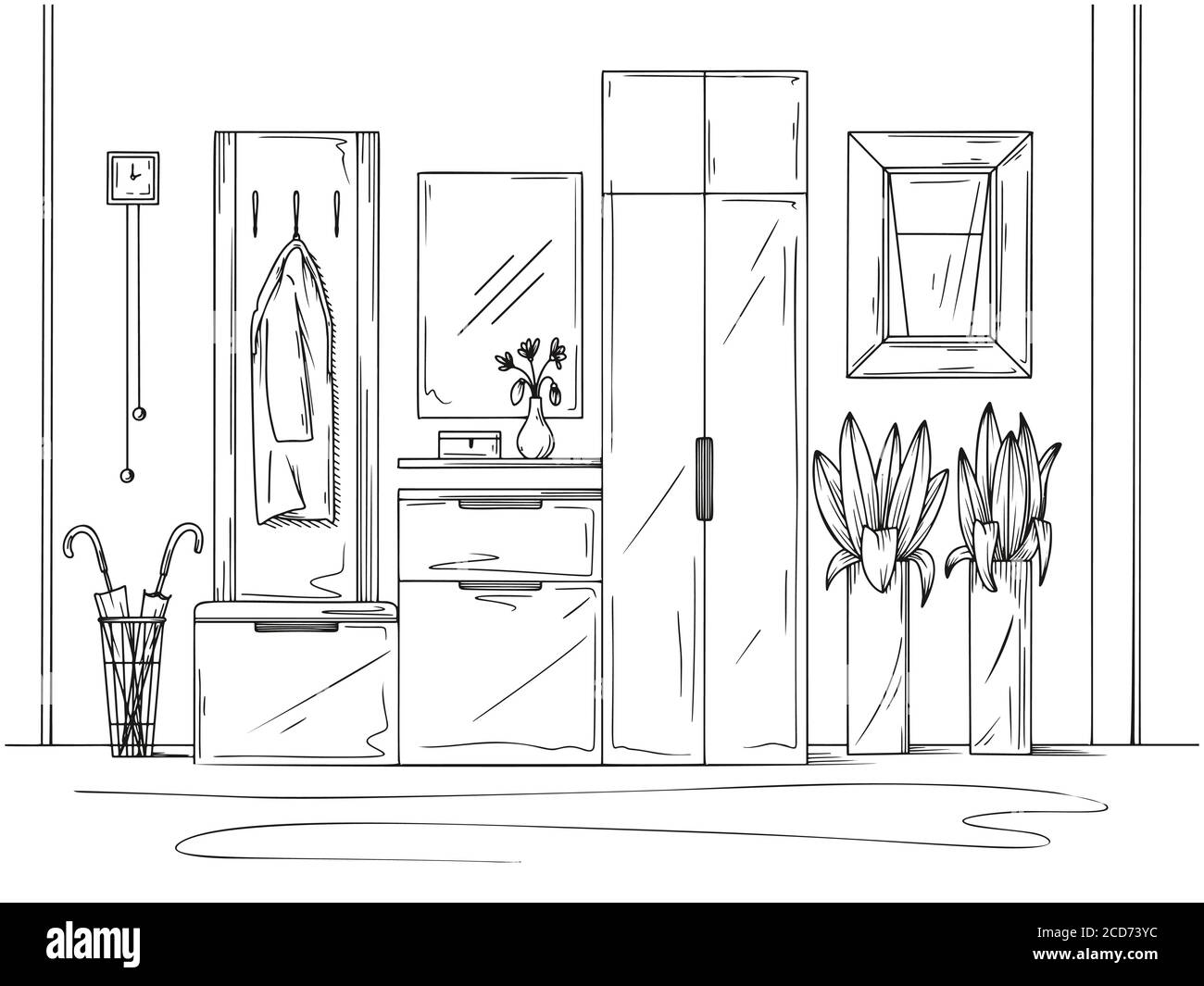 Sketch interior. Hallway furniture, various decorations and other ...