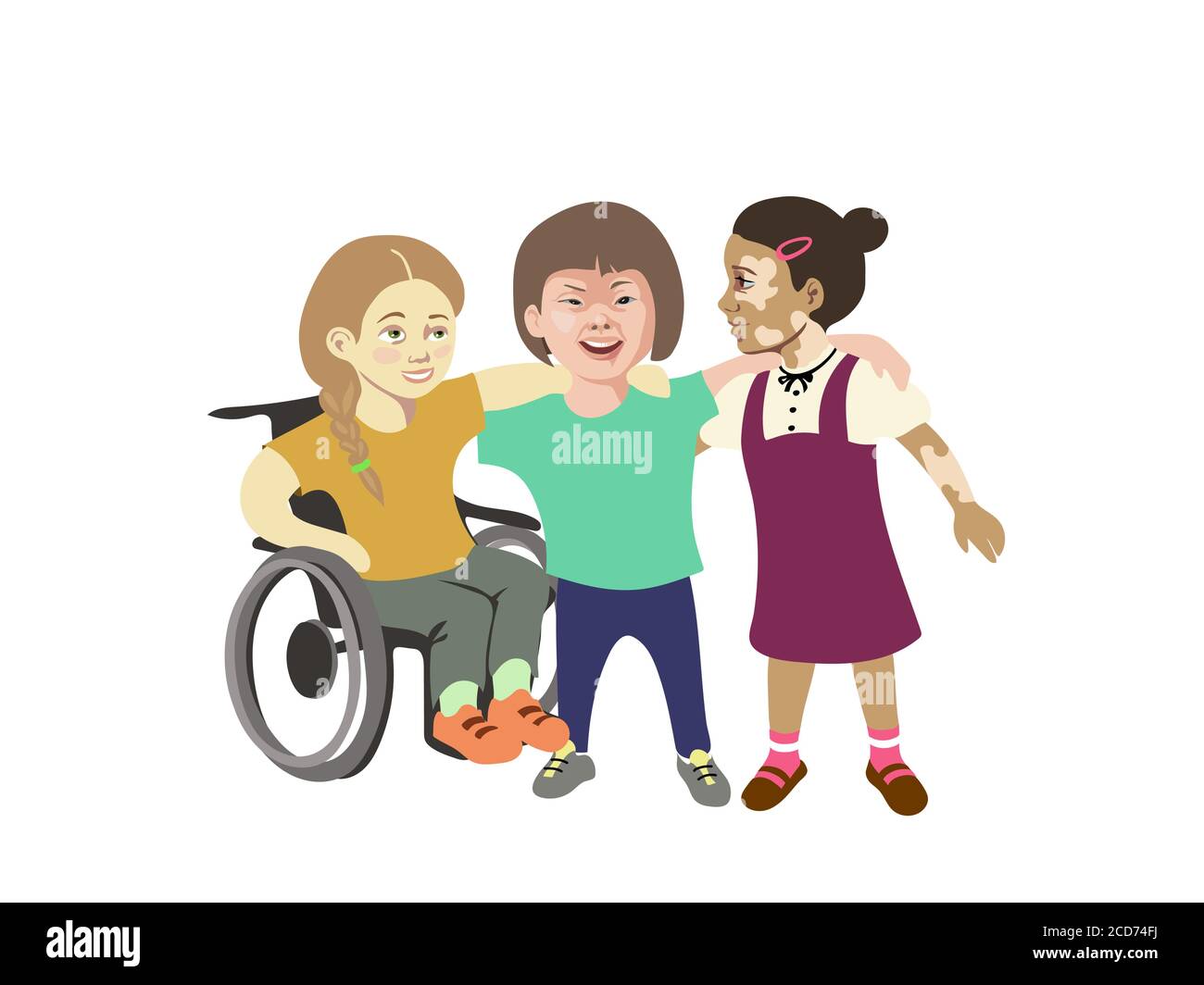 Three girls with special needs hugs and smiling together , disable girl ...