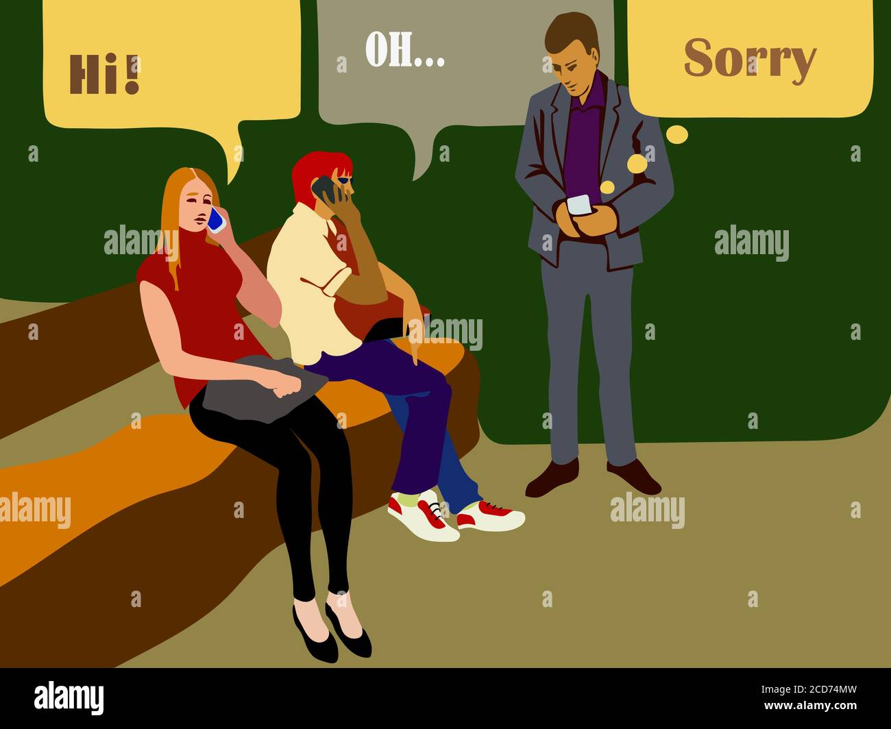 mobile talk vector horisontal illustration with group of office workers ...