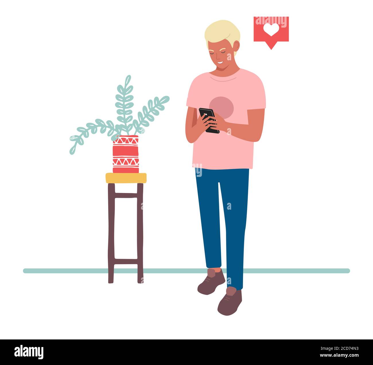 The guy with the phone isolated on a white background in a flat style ...