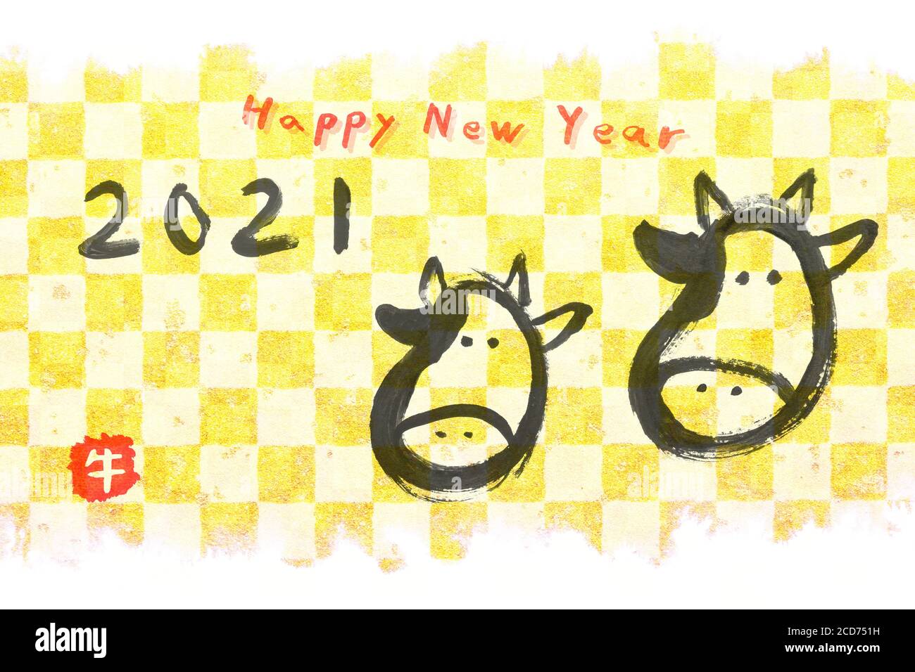 year of the ox, hand paint black ink stroke image on gold check paper ...