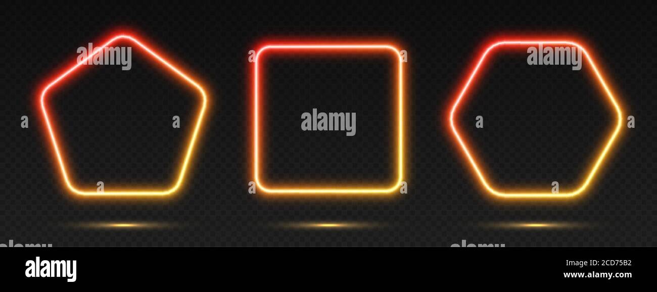 Neon gradient frames set, collection of red-yellow glowing borders ...