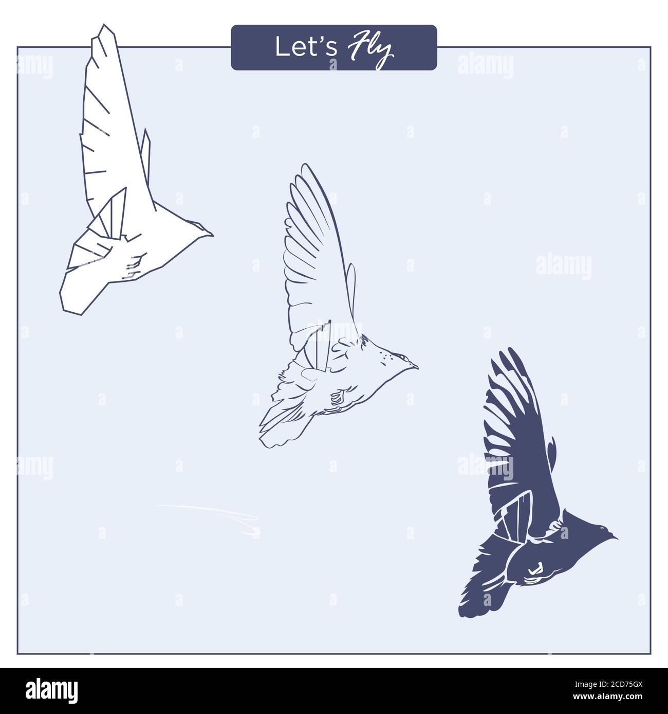 Set of hand-drawn flying pigeons in different styles, as free hand ...