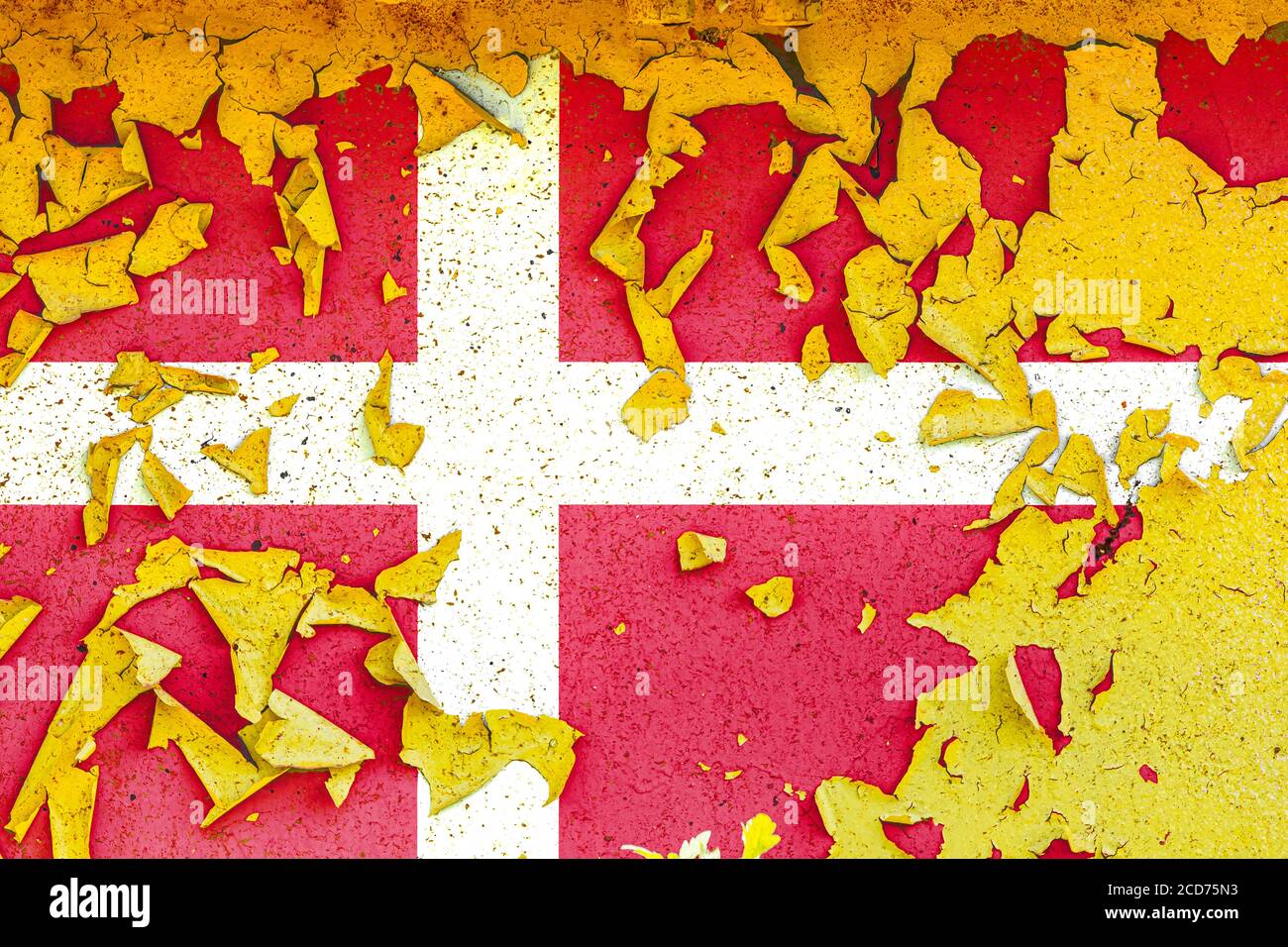 The national flag of Denmark is painted on an old metal wall with ...