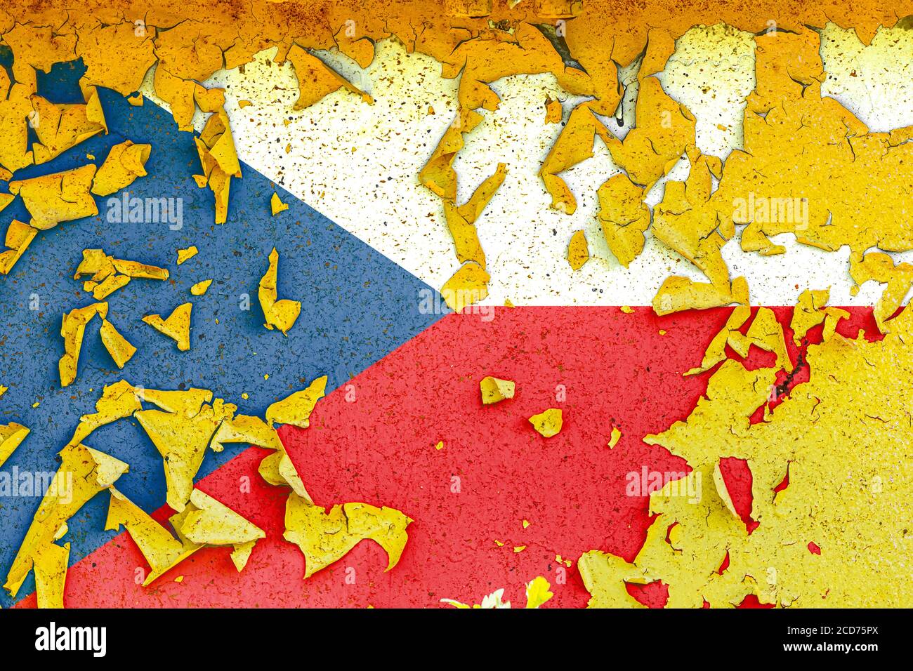The national flag of Czech is painted on an old metal wall with ragged ...