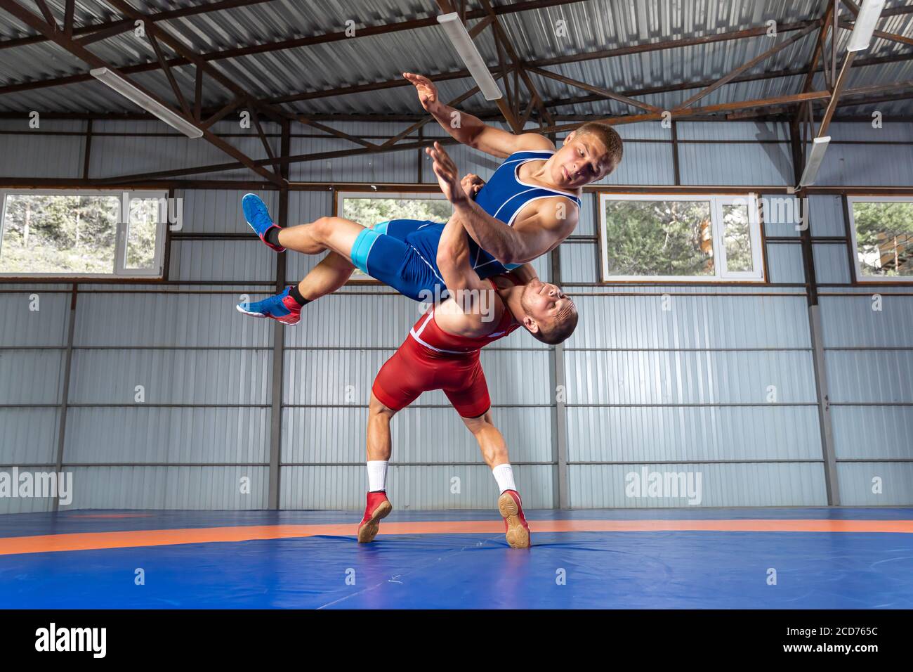The concept of fair wrestling. Two greco-roman wrestlers in red and ...