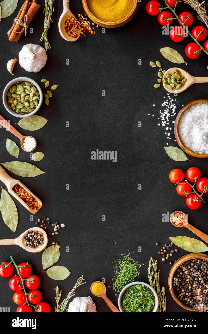 Frame of spices herbs and flavoring with space for text Stock Photo - Alamy