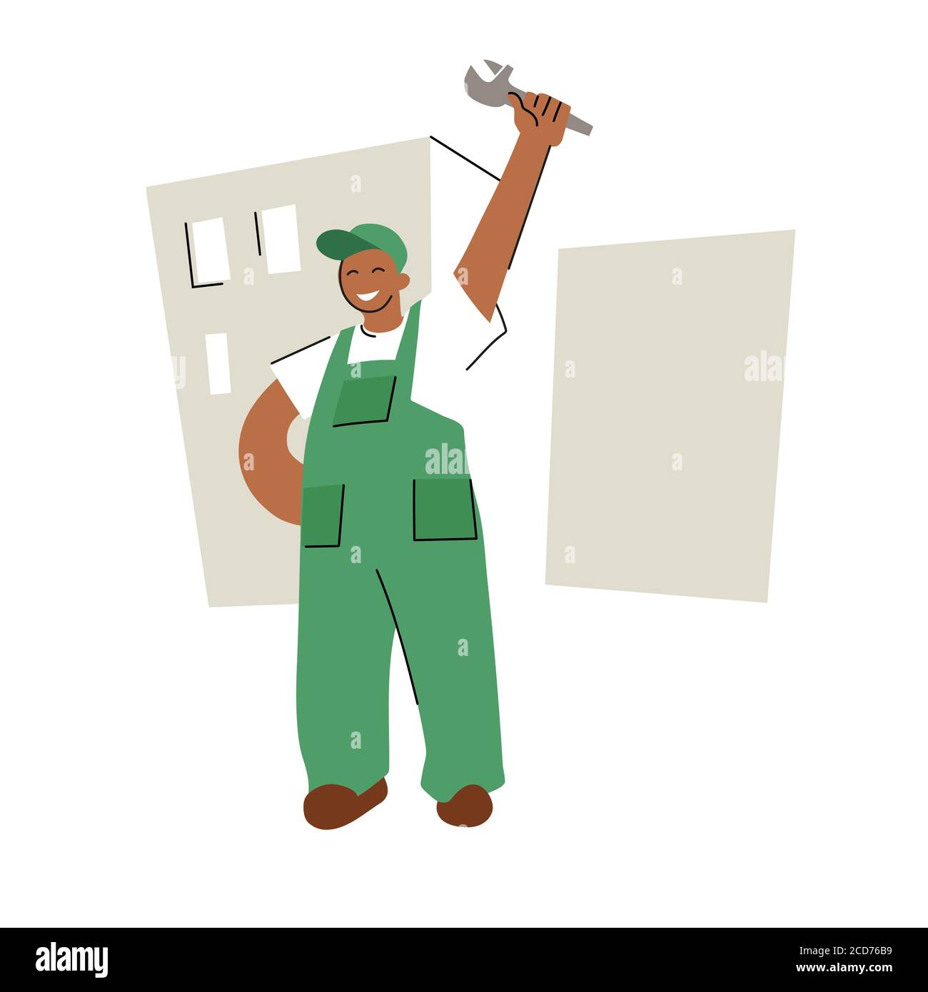 Flat style illustration of a plumber or repair worker happy smiling on ...
