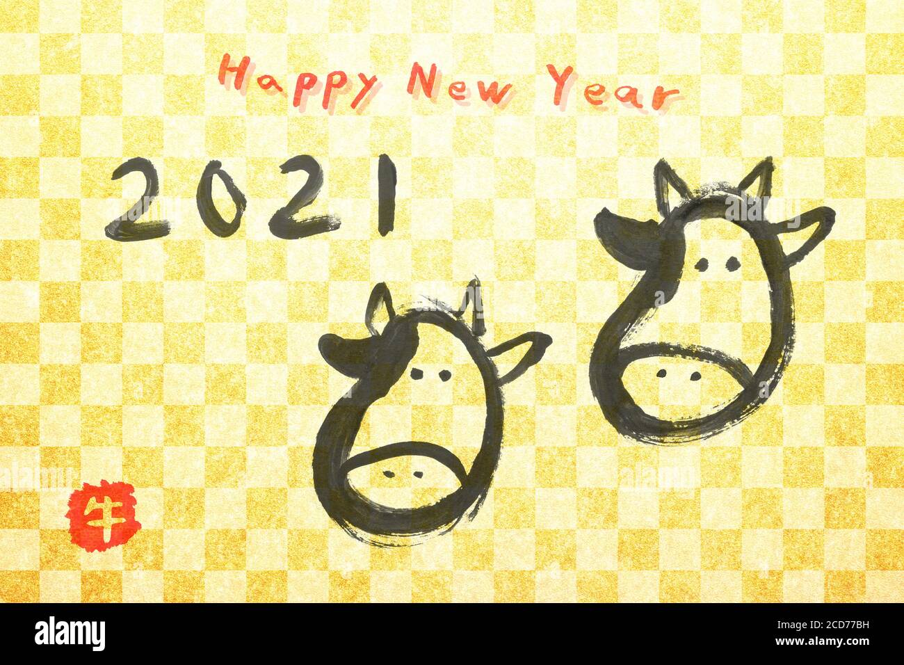 year of the ox, hand paint black ink stroke image on gold check paper ...
