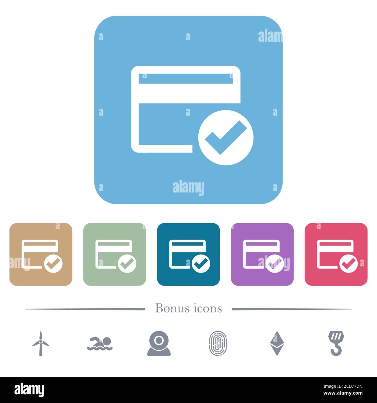 Credit card verified white flat icons on color rounded square backgrounds. 6 bonus icons ...