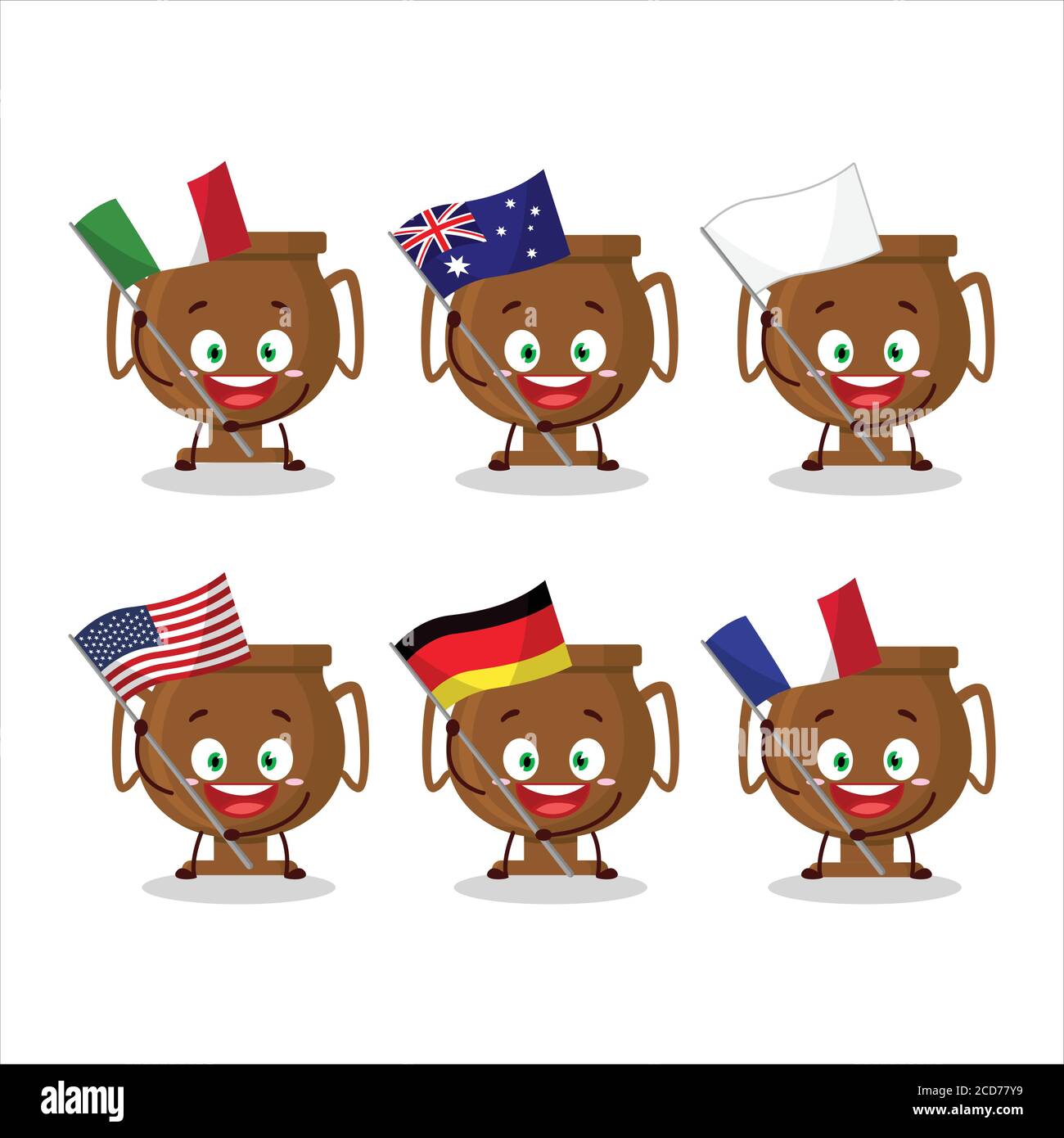 Bronze trophy cartoon character bring the flags of various countries ...