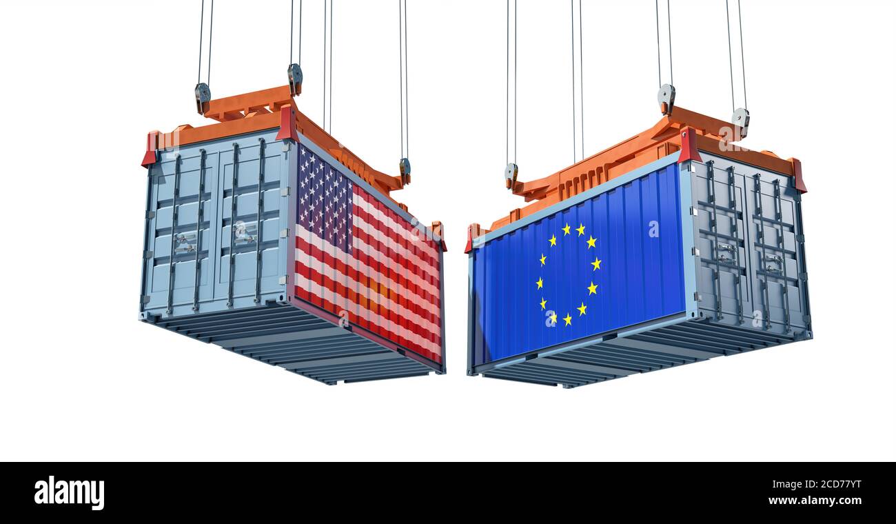 Freight containers with USA and European Union national flags. 3D ...
