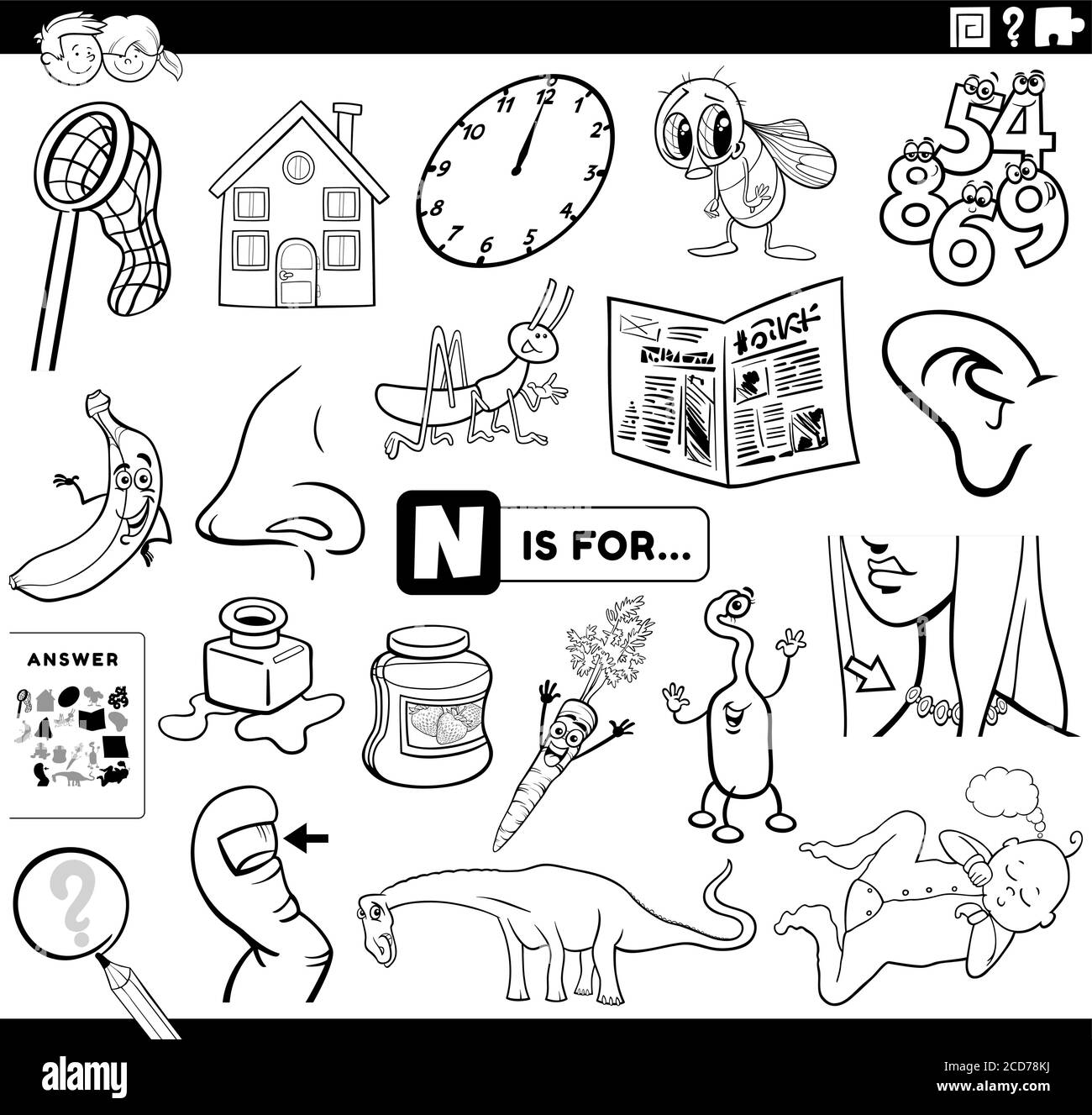 Black and White Cartoon Illustration of Finding Picture Starting with ...