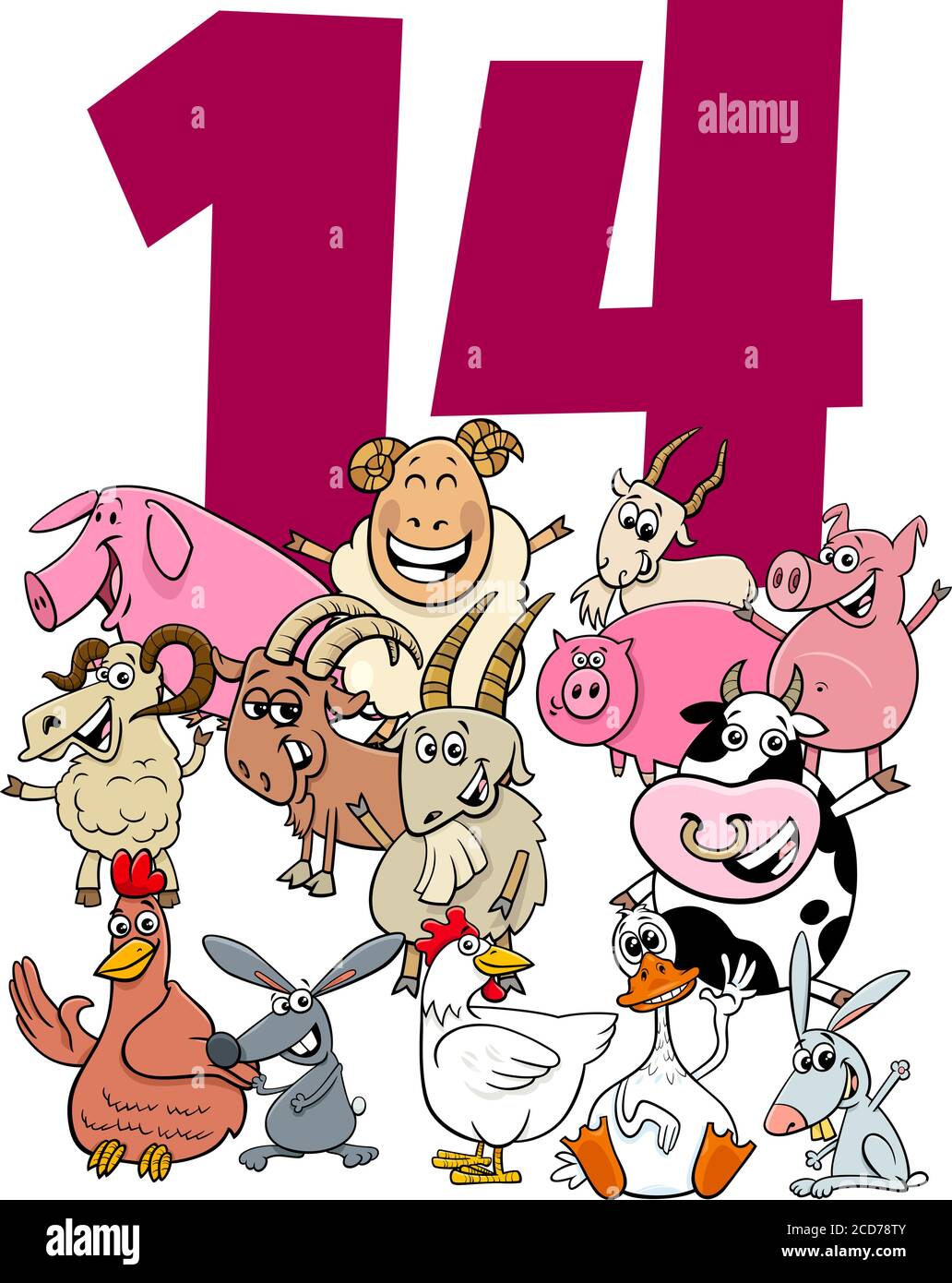 Cartoon Illustration of Number Fourteen for Children with Funny Farm ...