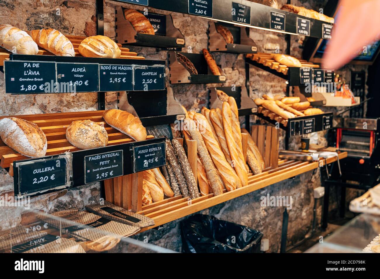 Barcelona, Spain - 15 December 2019:Bread shop showcase. Various loaves ...