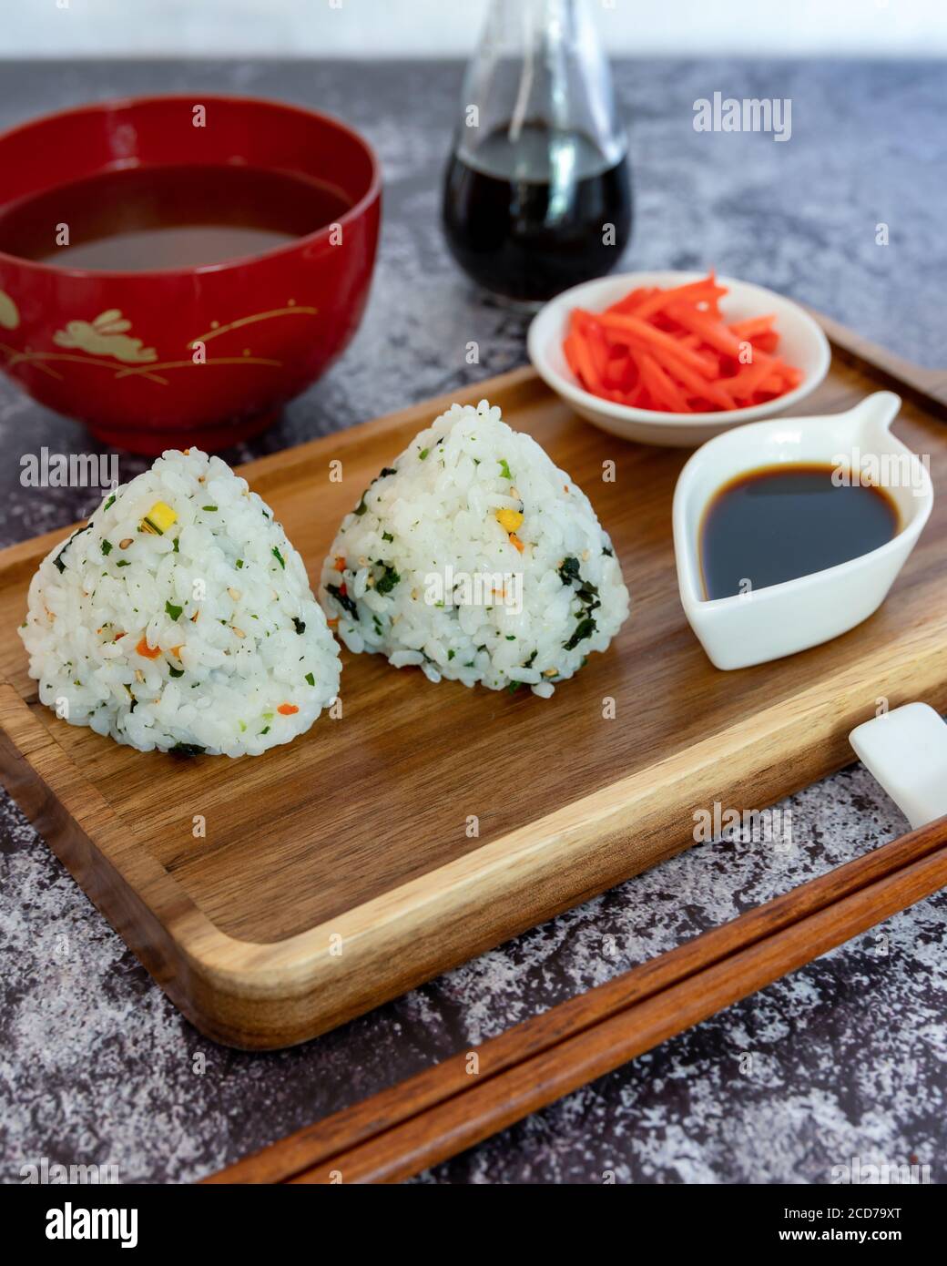 Japanese Homemade Rice Balls Onigiri with Soy Soup and Pickled Ginger ...