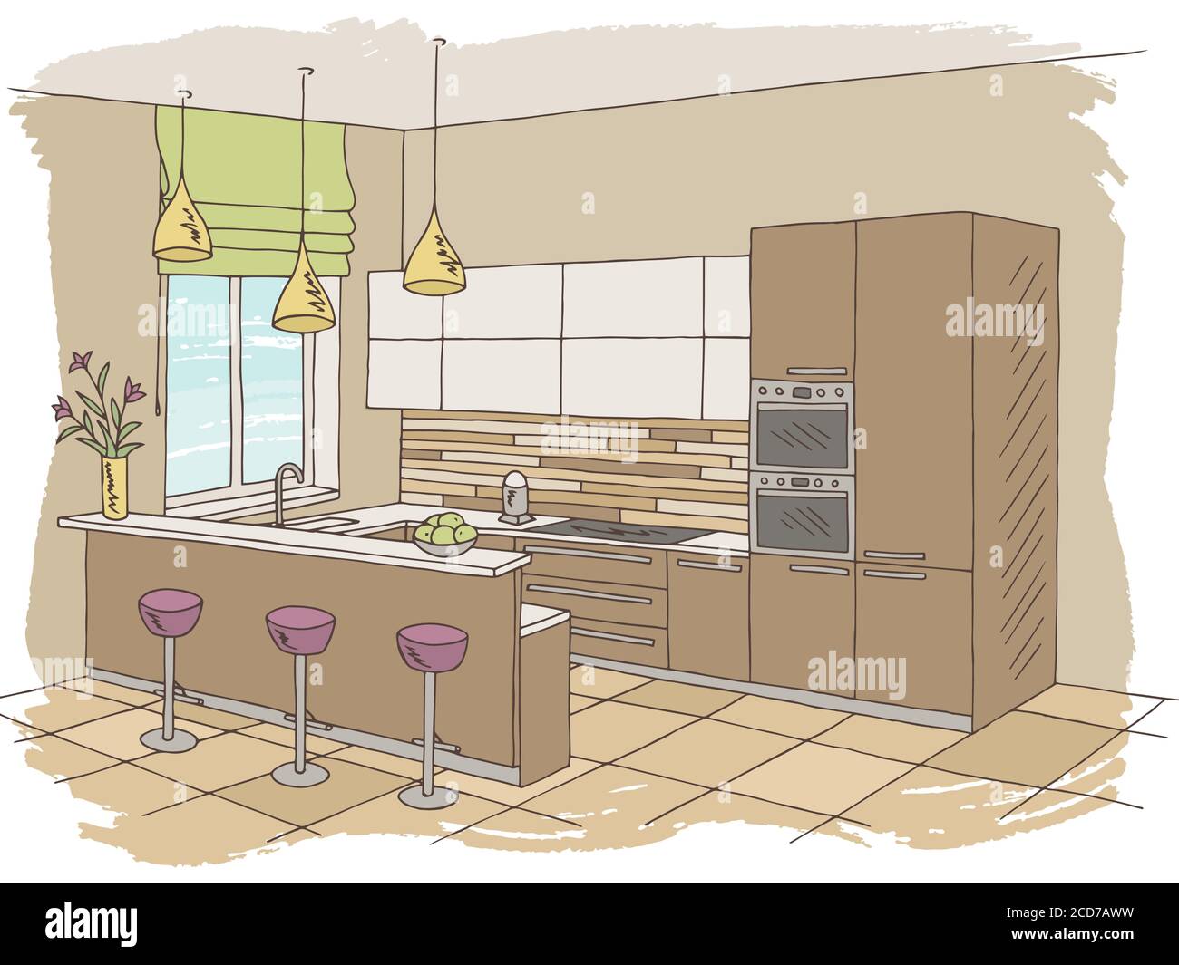 Kitchen room interior color graphic sketch illustration vector Stock ...