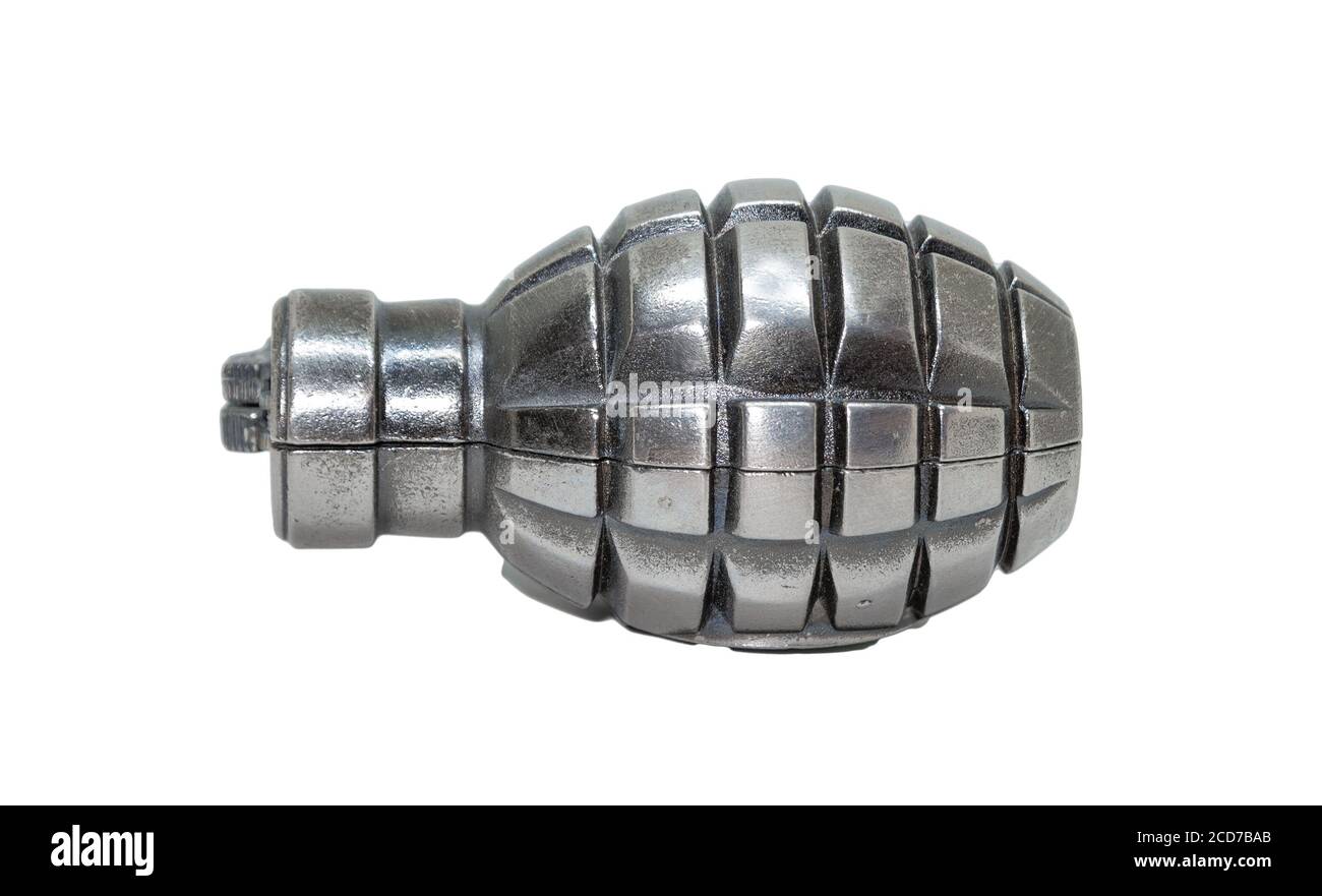 Single silver metal grenade - lighter isolated on white background with ...