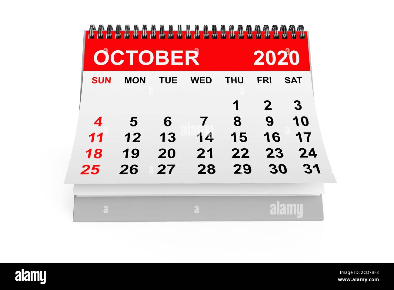2020 Year October Calendar on a white background. 3d rendering Stock ...