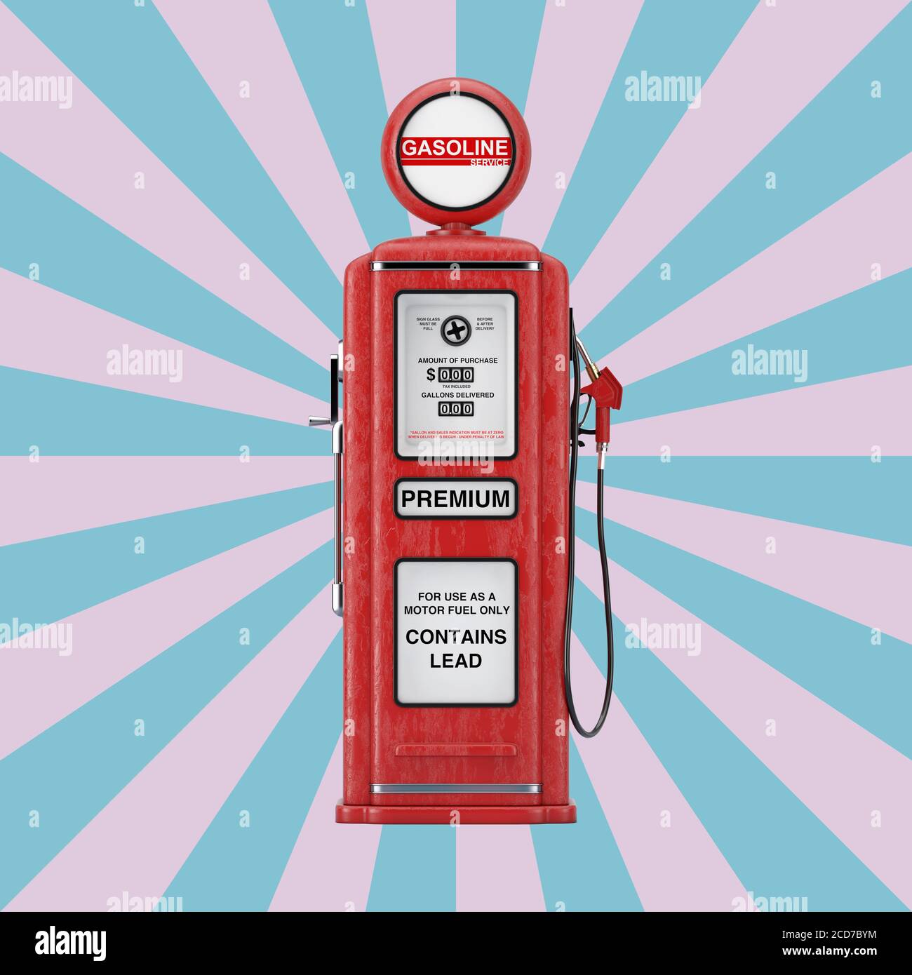 Red Retro Gas Pump on a Vintage Star Shape Pink and Blue background. 3d ...