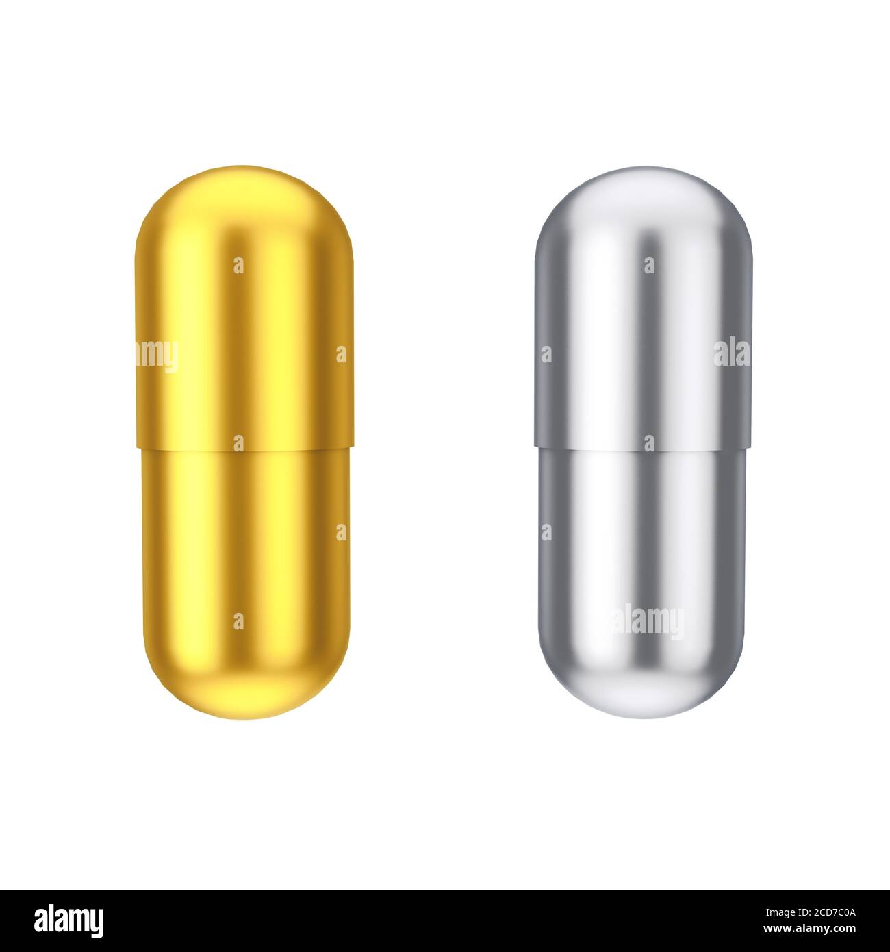 Golden and Silver Medical Pharmaceutical Drug Capsule Pills on a white ...