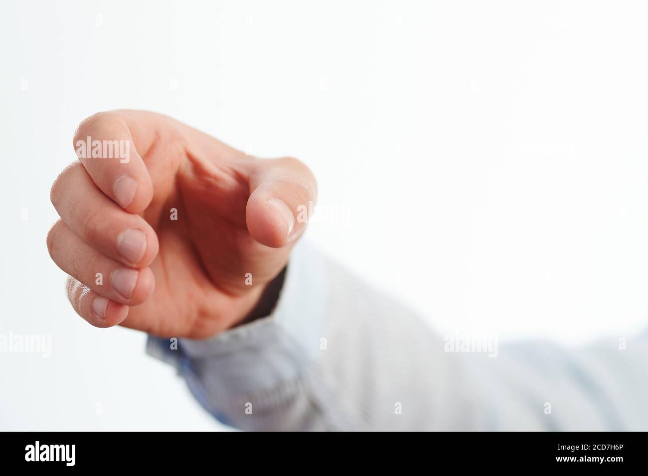 Hand in holding pose front view isolated on white studio background ...