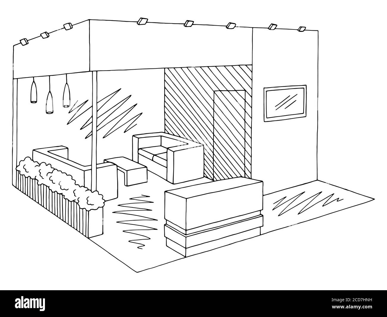 Exhibition stand graphic interior black white sketch illustration ...