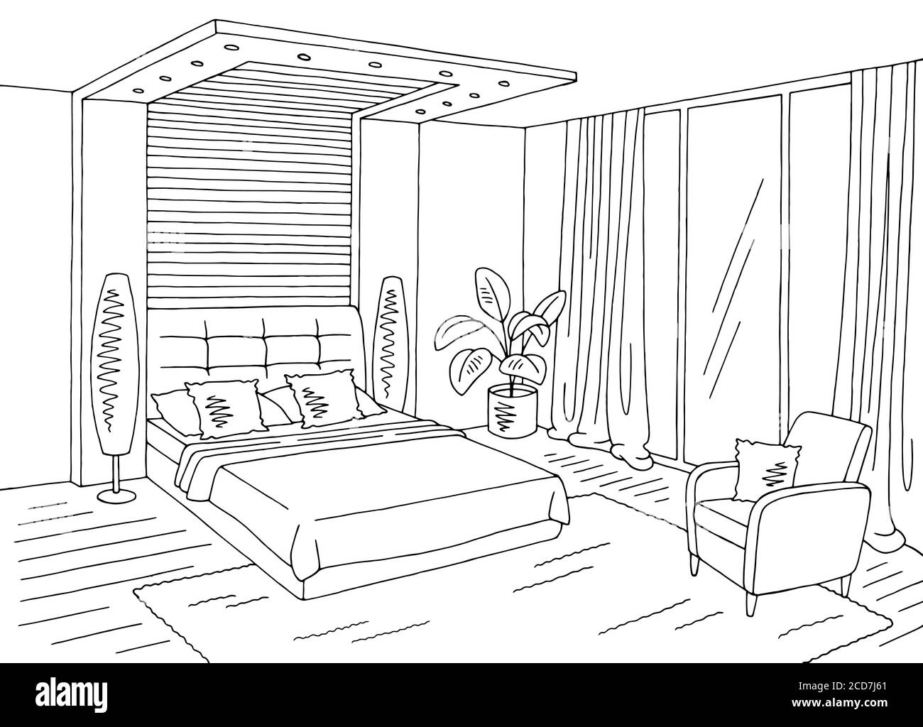 Bedroom graphic black white home interior sketch illustration vector ...