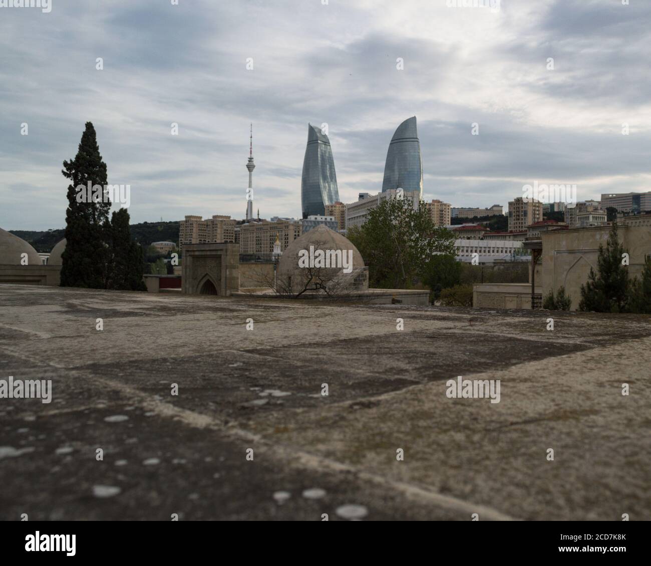 Historic Buildings in the Old Town of Baku with Flame Towers ...