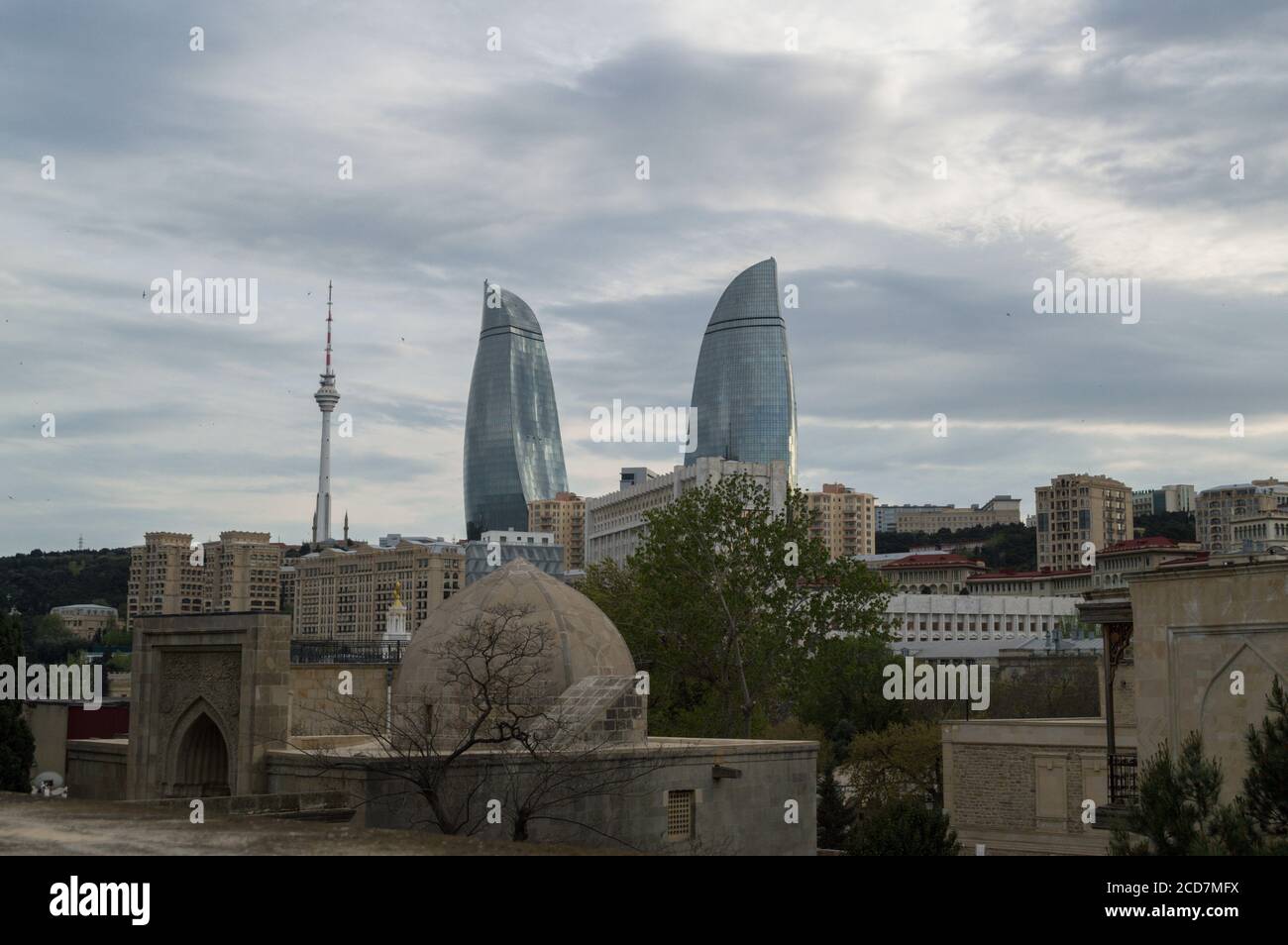 Historic Buildings in the Old Town of Baku with Flame Towers ...