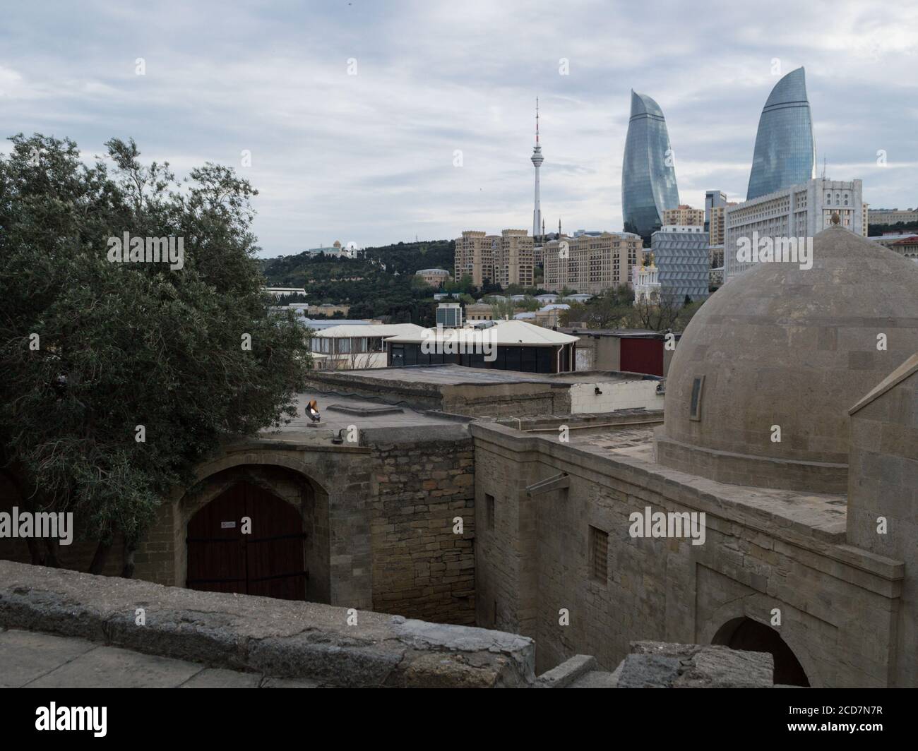 Historic Buildings in the Old Town of Baku with Flame Towers ...