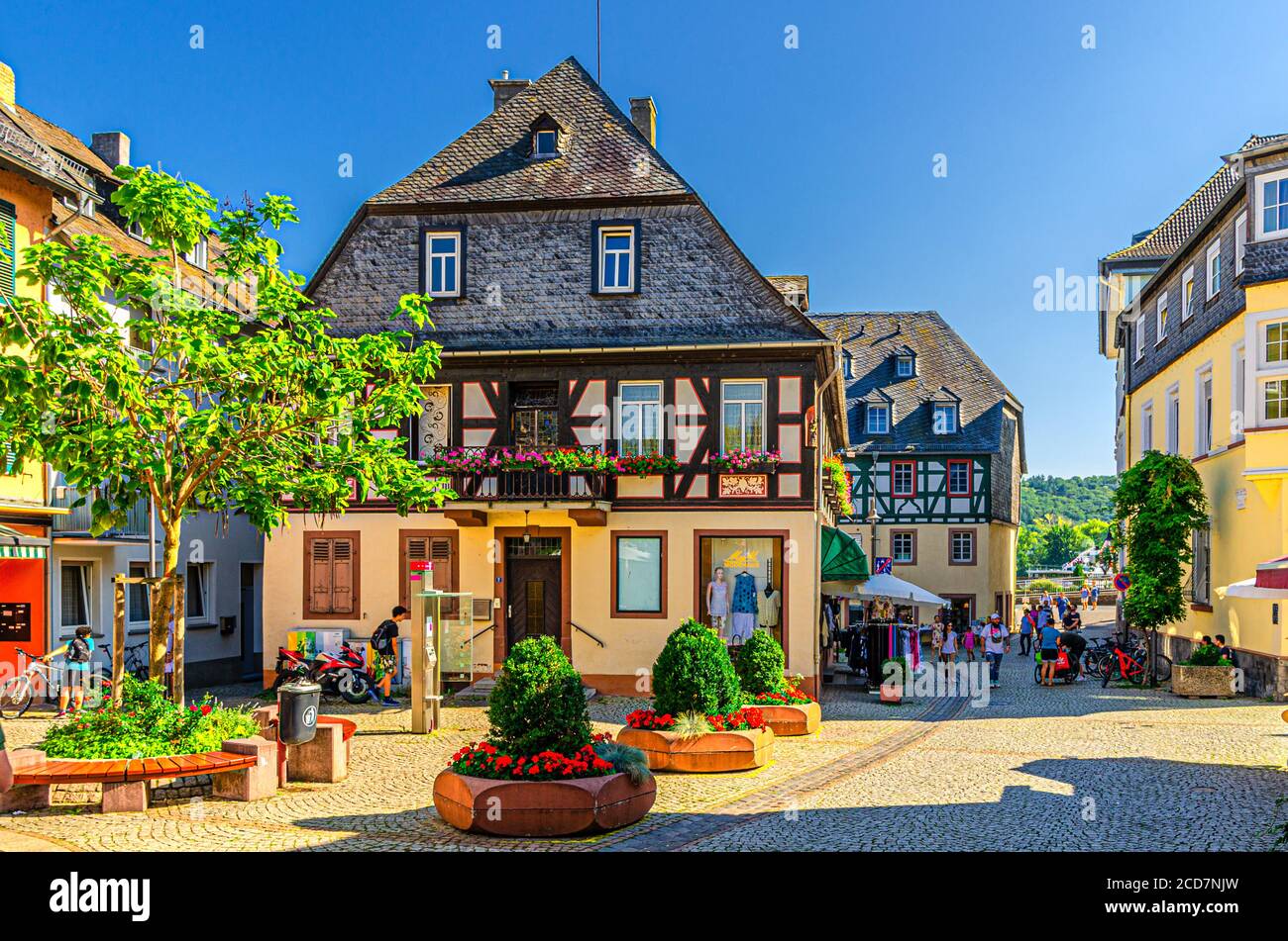 Rudesheim am Rhein, Germany, August 24, 2019: Traditional german houses ...