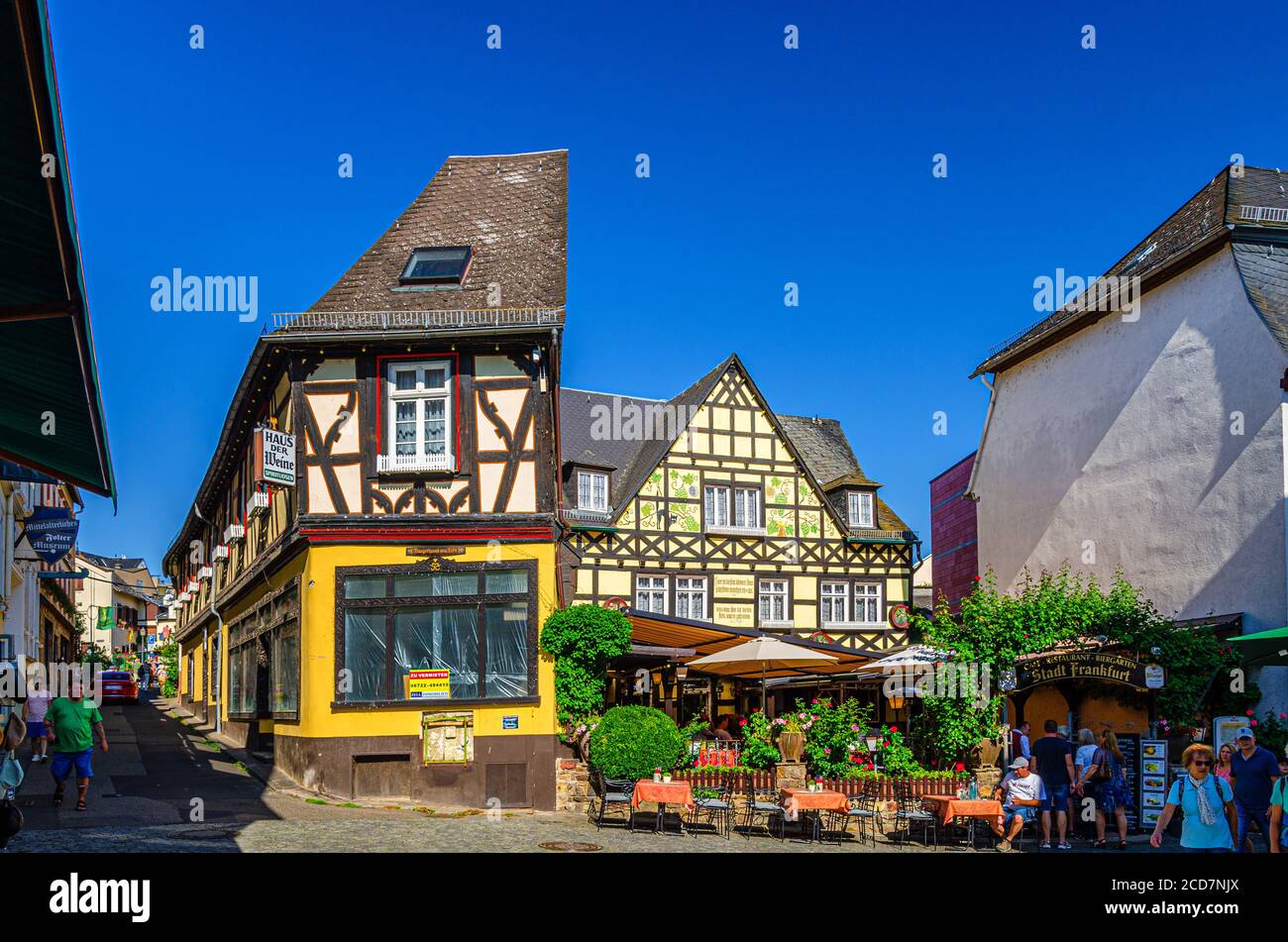 Rudesheim am Rhein, Germany, August 24, 2019: Traditional german houses ...