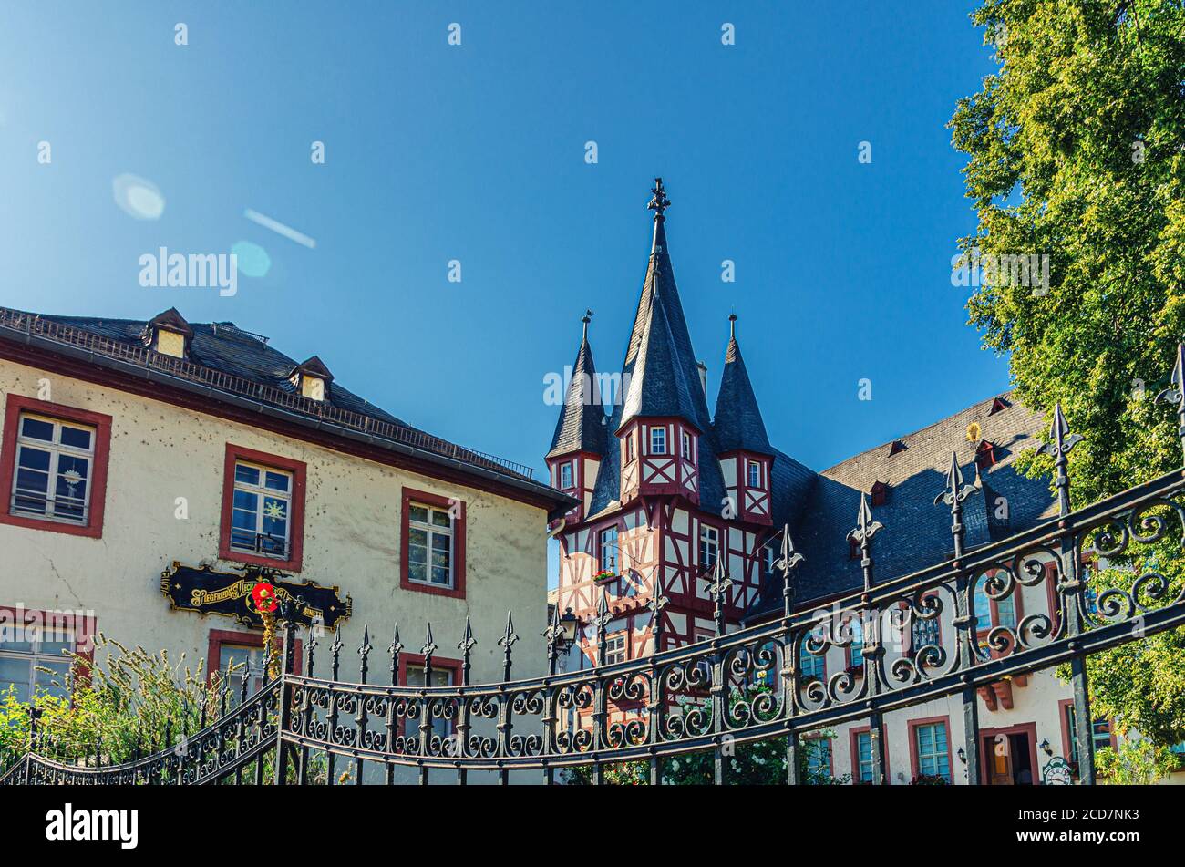 Rudesheim am Rhein, Germany, August 24, 2019: Traditional german houses ...