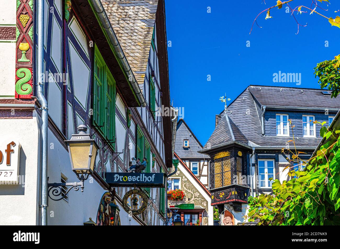 Rudesheim am Rhein, Germany, August 24, 2019: Traditional german houses ...