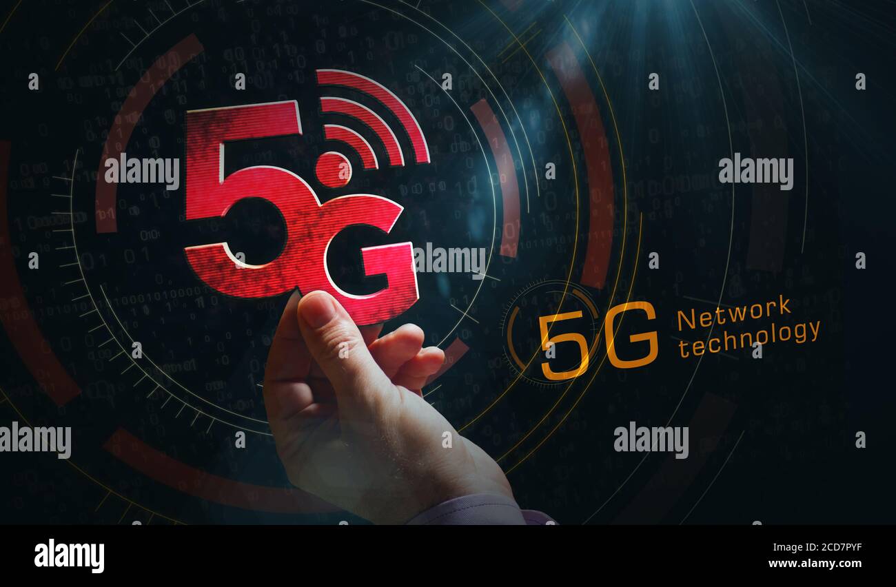 5G mobile communication technology and internet of things metal symbols ...