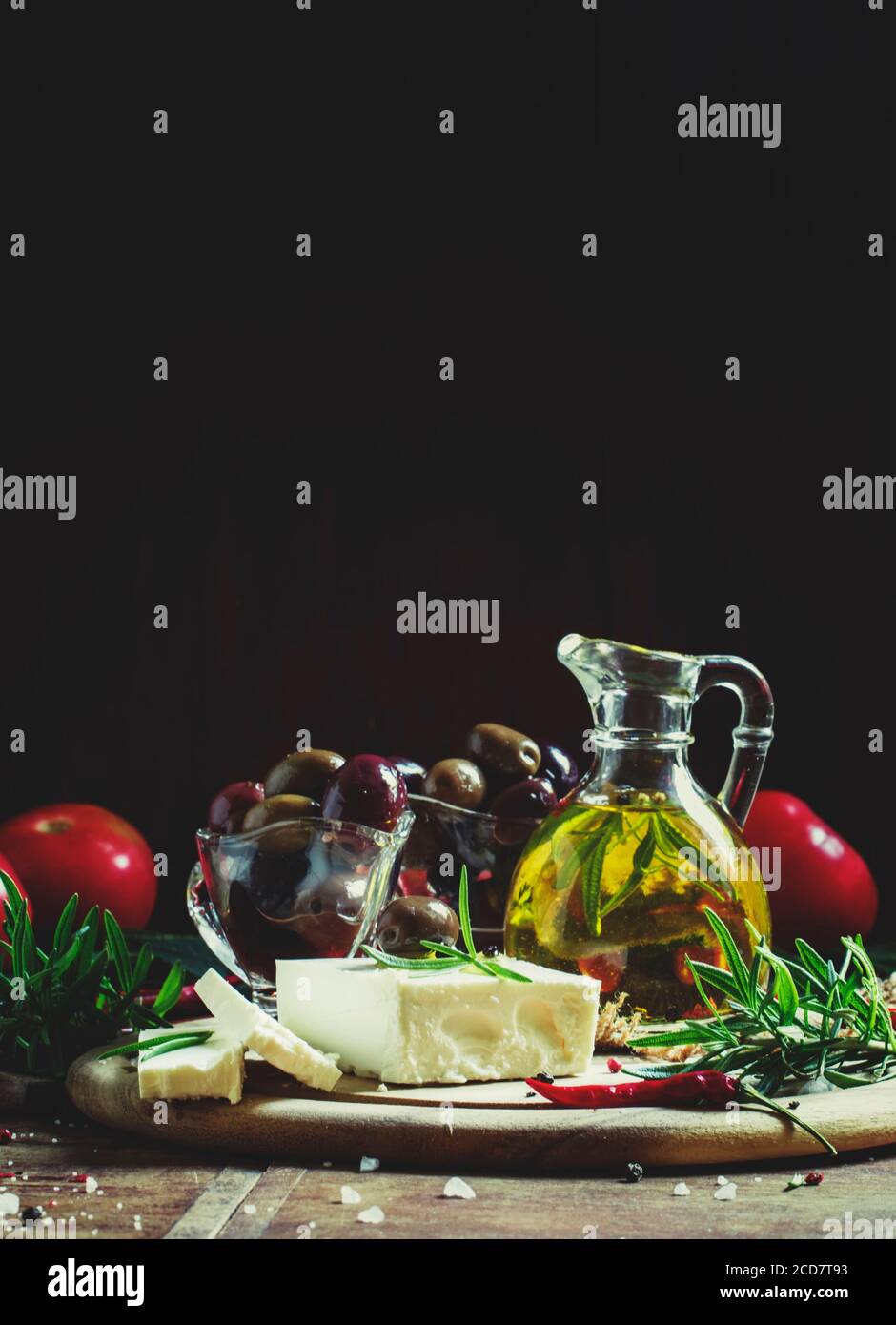 Greek feta cheese, dark wood background, selective focus Stock Photo ...