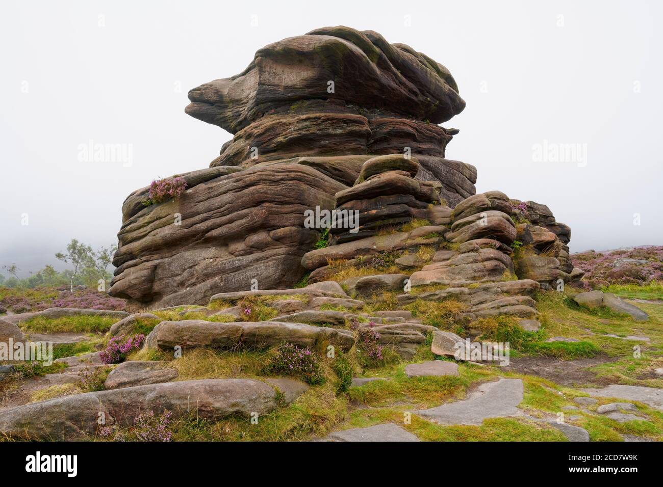 A foggy damp day at the Mother Cap gritstone outcrop on Surprise View ...
