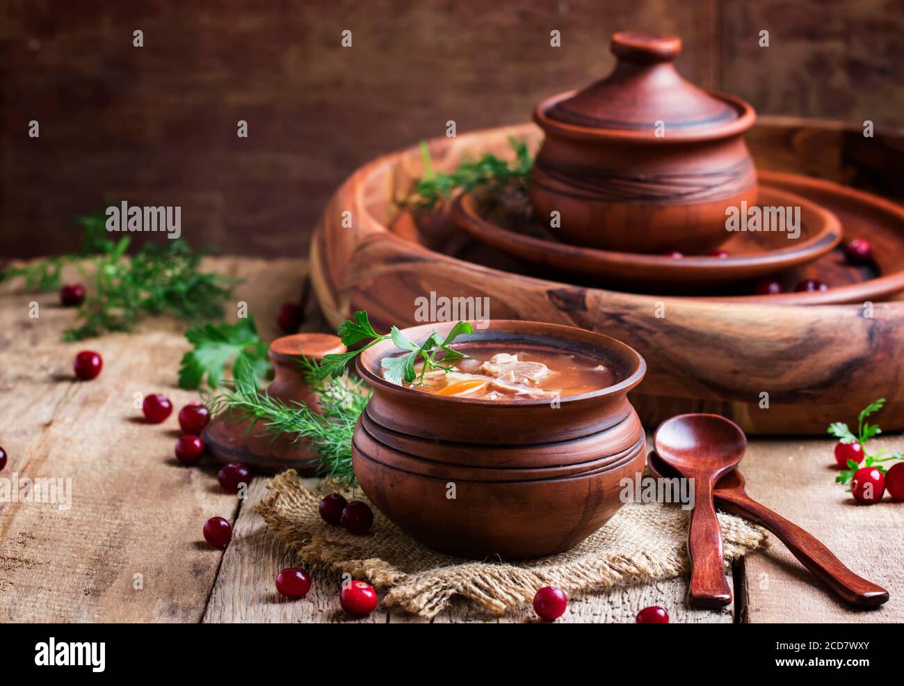 Traditional Russian soup from sauerkraut, meat and potatoes in a clay ...