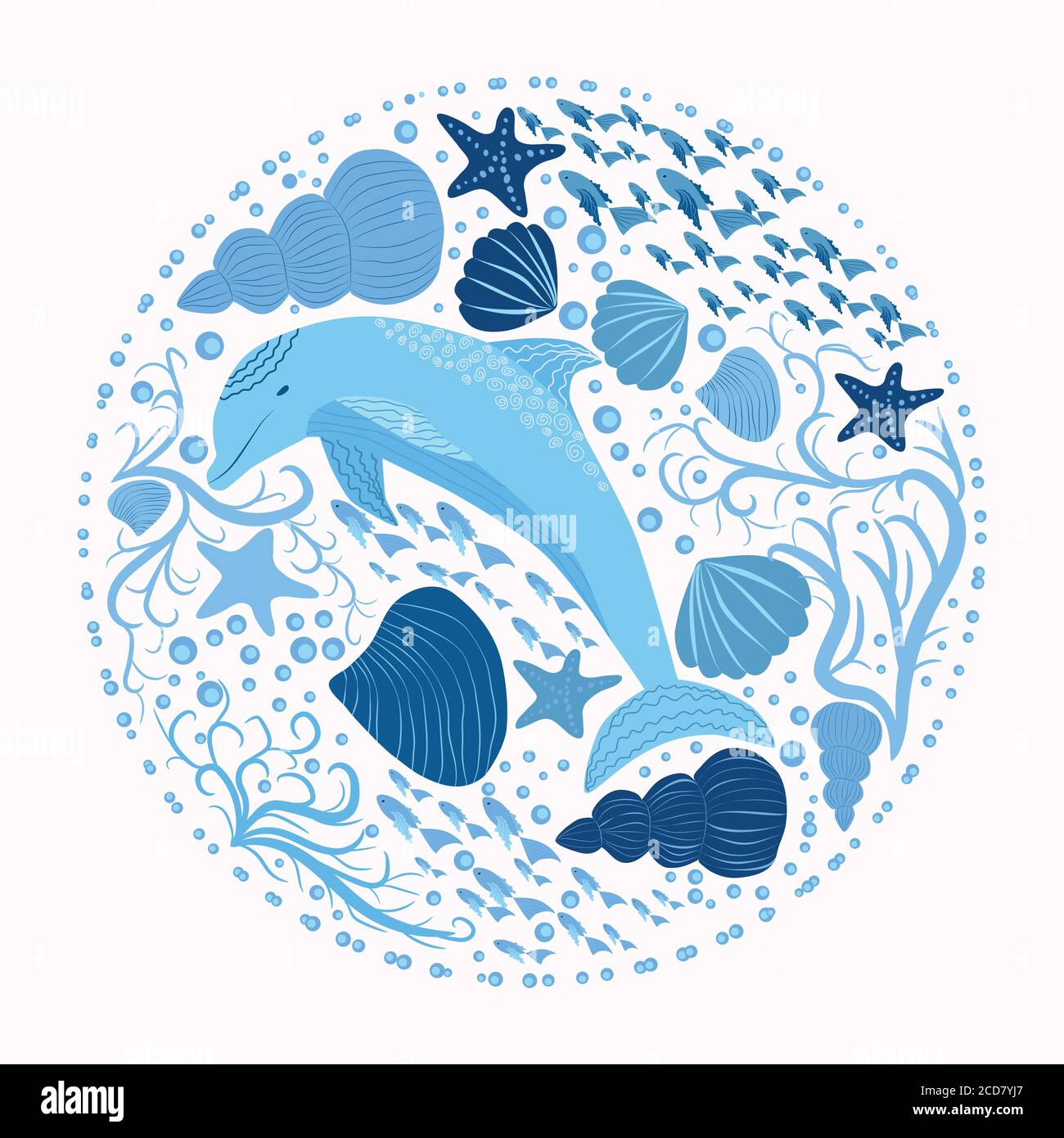 dolphin and marine elements isolated on a white background Stock Vector ...