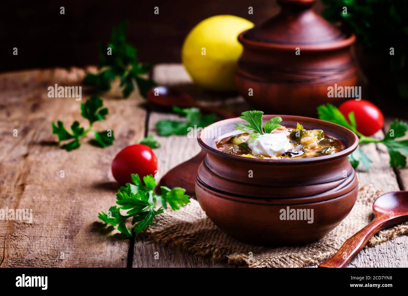 Russian cuisine: Solyanka - Soup from different kinds of meat and ...