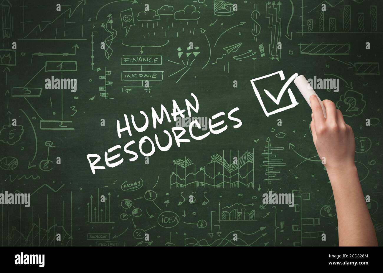 Hand drawing HUMAN RESOURCES inscription with white chalk on blackboard ...
