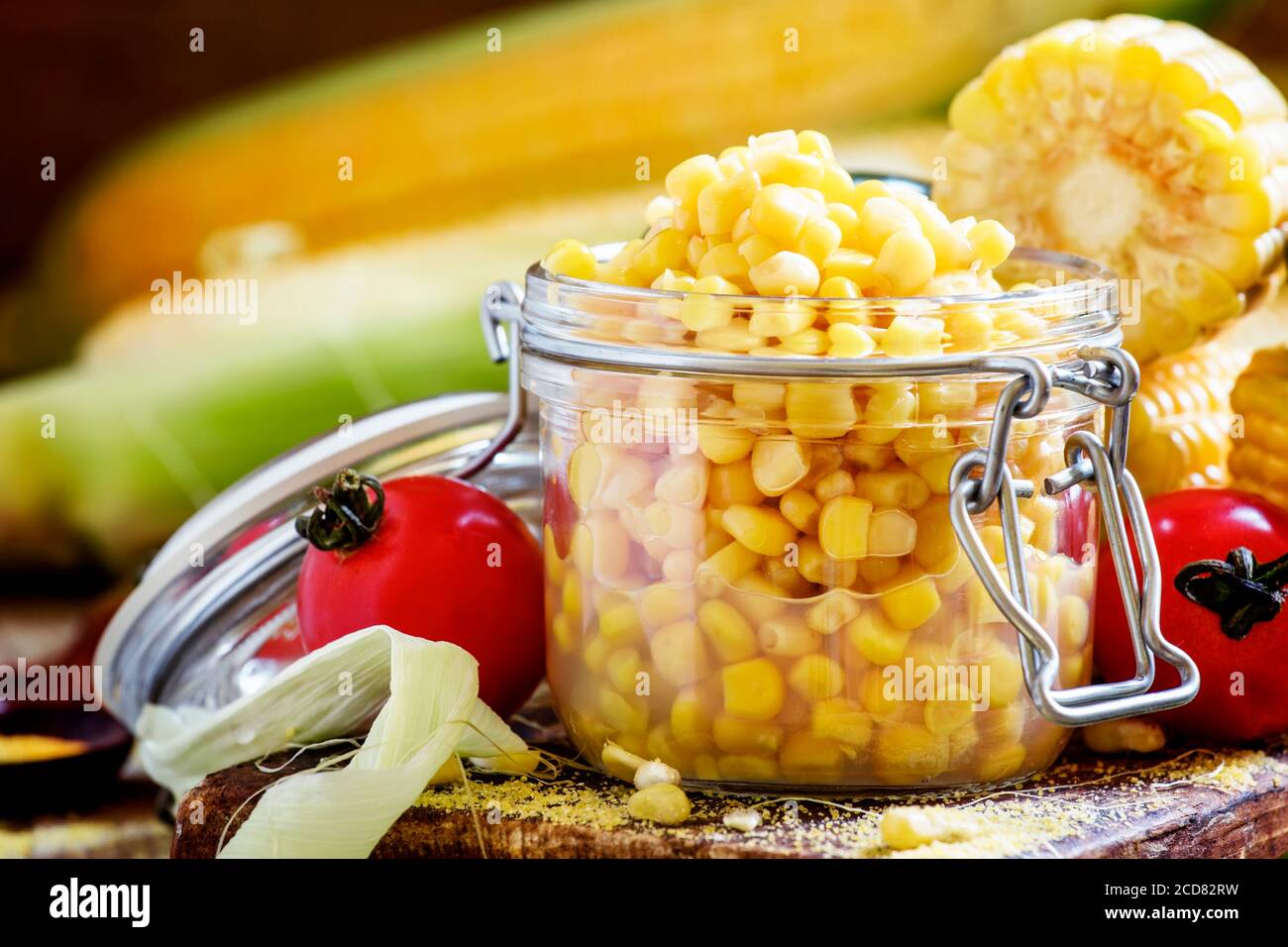 Preserved corn in a glass jar, selective focus Stock Photo - Alamy