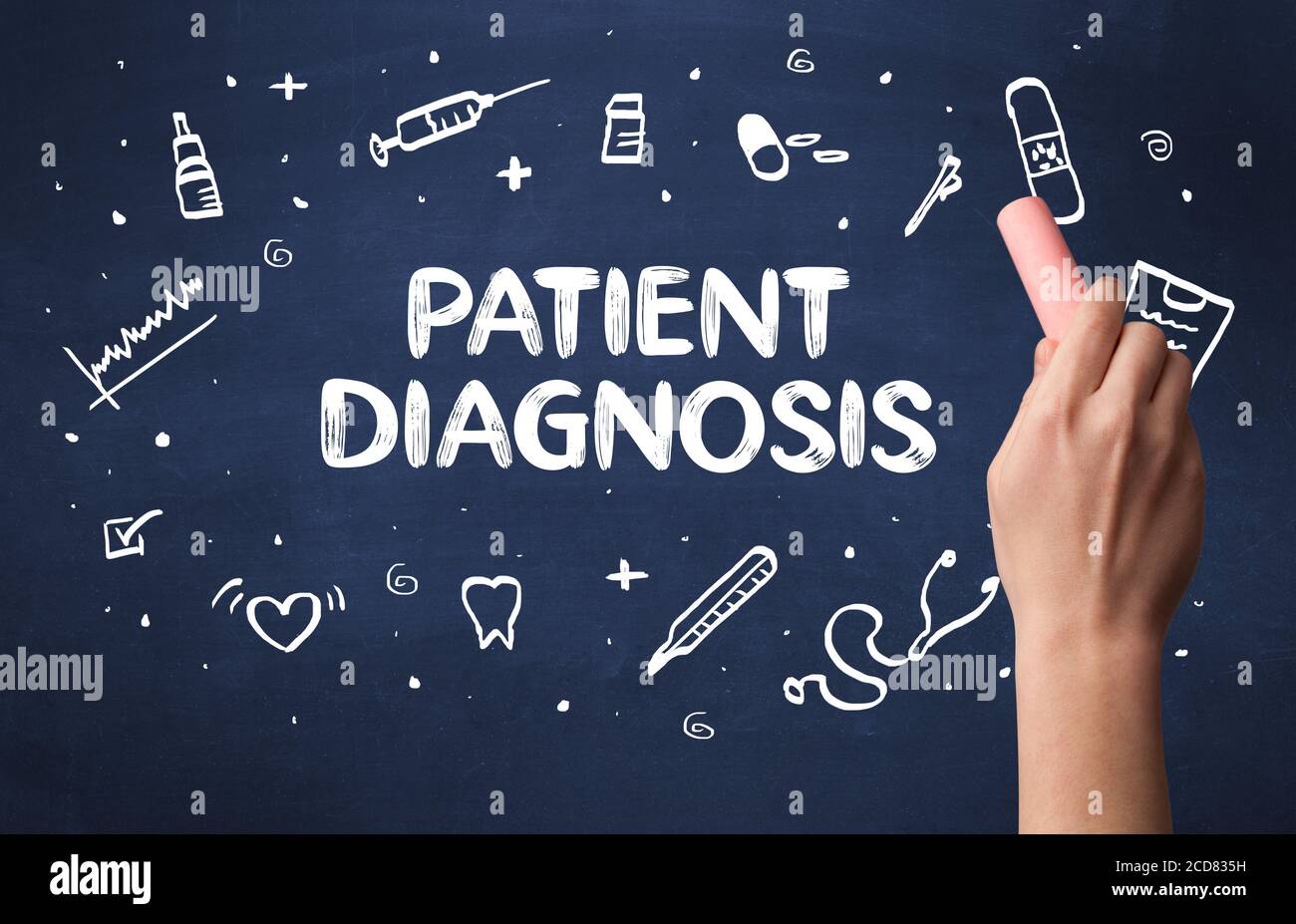 Hand drawing PATIENT DIAGNOSIS inscription with white chalk on ...