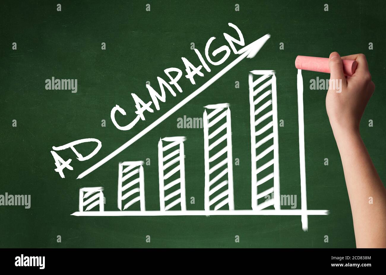 Hand drawing AD CAMPAIGN inscription with white chalk on blackboard ...